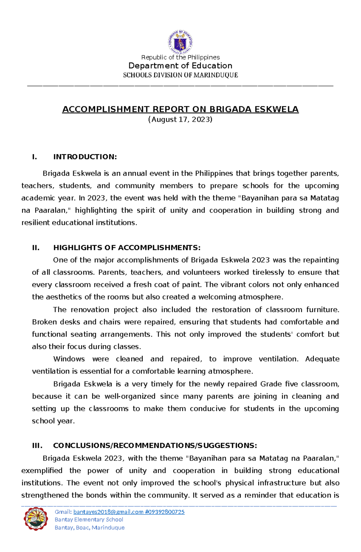 Brigada Eskwela accomplishment - Republic of the Philippines Department ...