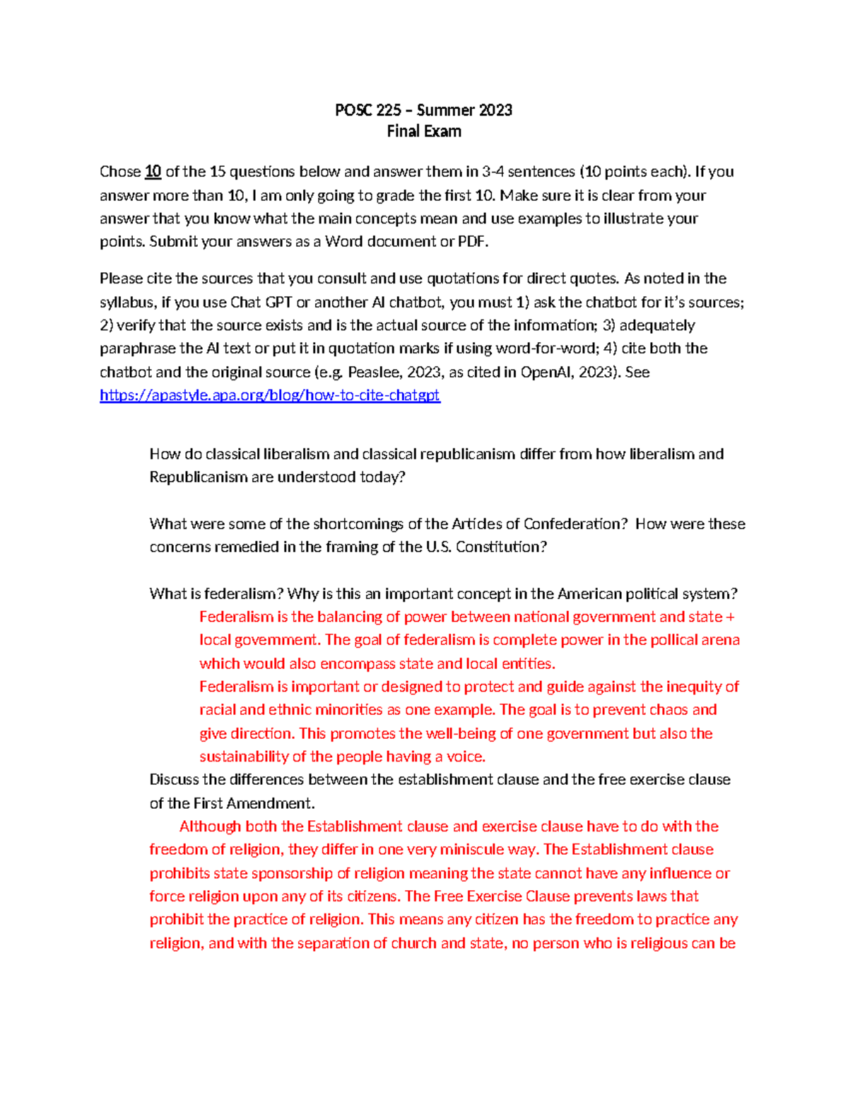 POSC 225 Summer 2023 Final Exam 1 - POSC 225 – Summer 2023 Final Exam Chose 10 of the 15 ...