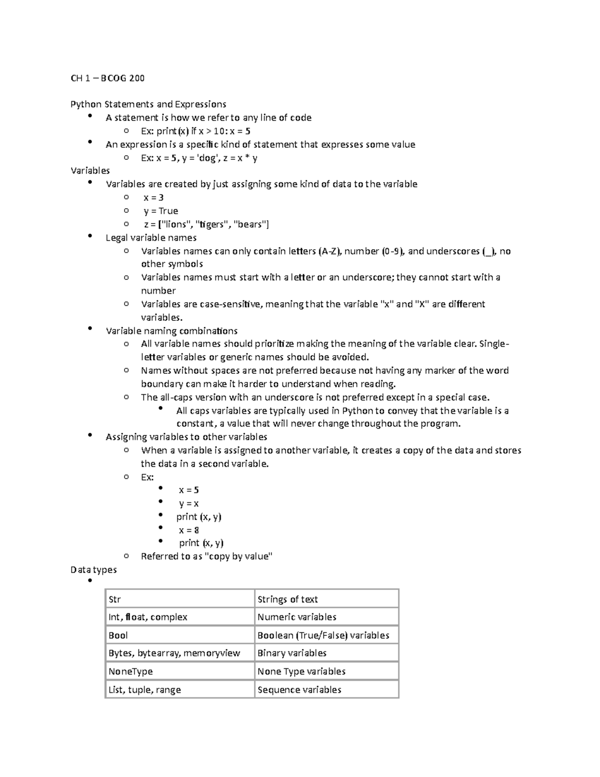 CH 1 BCOG 200 - CH 1 notes - CH 1 – BCOG 200 Python Statements and ...