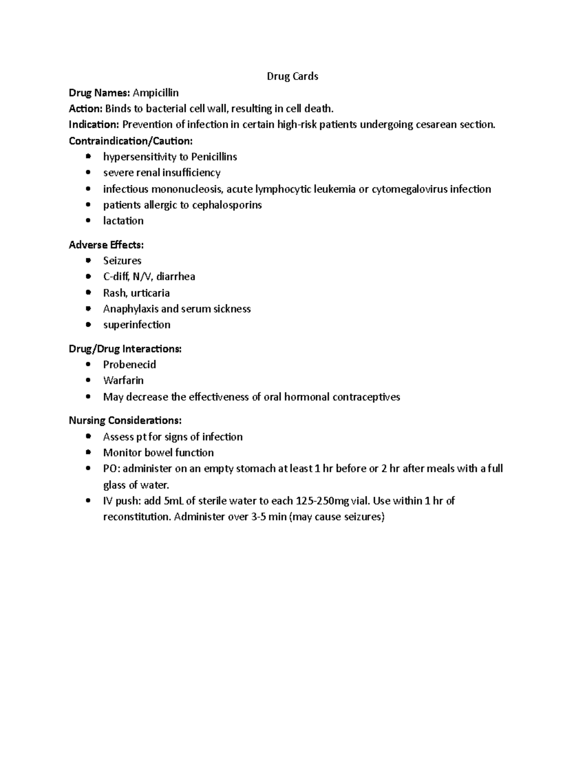 Drug Cards- Maternal child clinical - Drug Cards Drug Names: Ampicillin ...