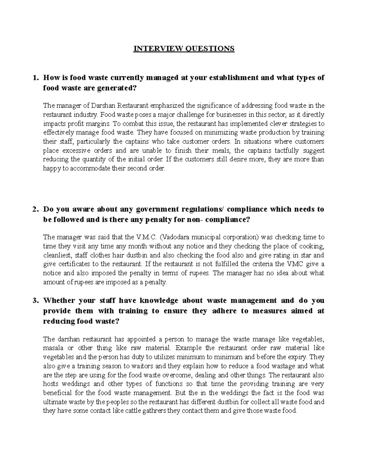 Environmental Report - INTERVIEW QUESTIONS 1. How is food waste ...