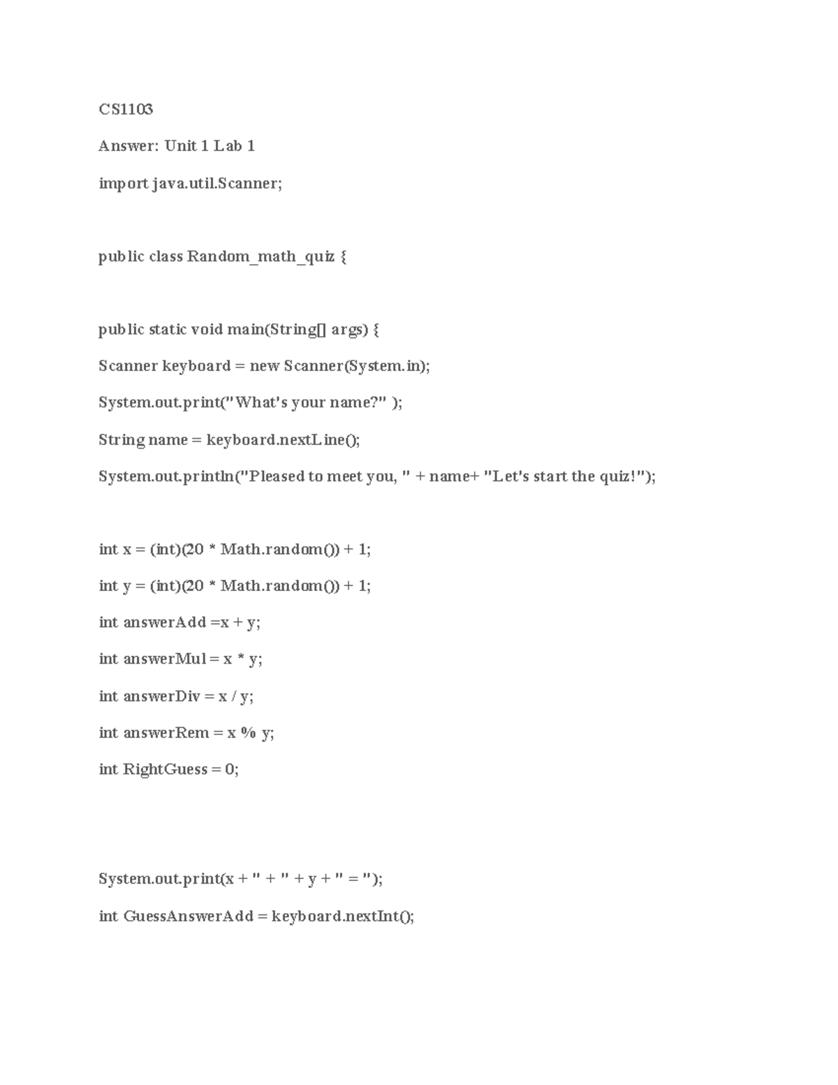 CS1103 Lab 1 Unit 1 - CS Answer: Unit 1 Lab 1 import java.util; public ...