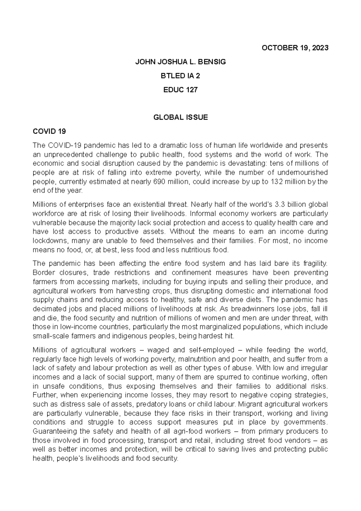 Cultural and global issues - OCTOBER 19, 2023 JOHN JOSHUA L. BENSIG ...