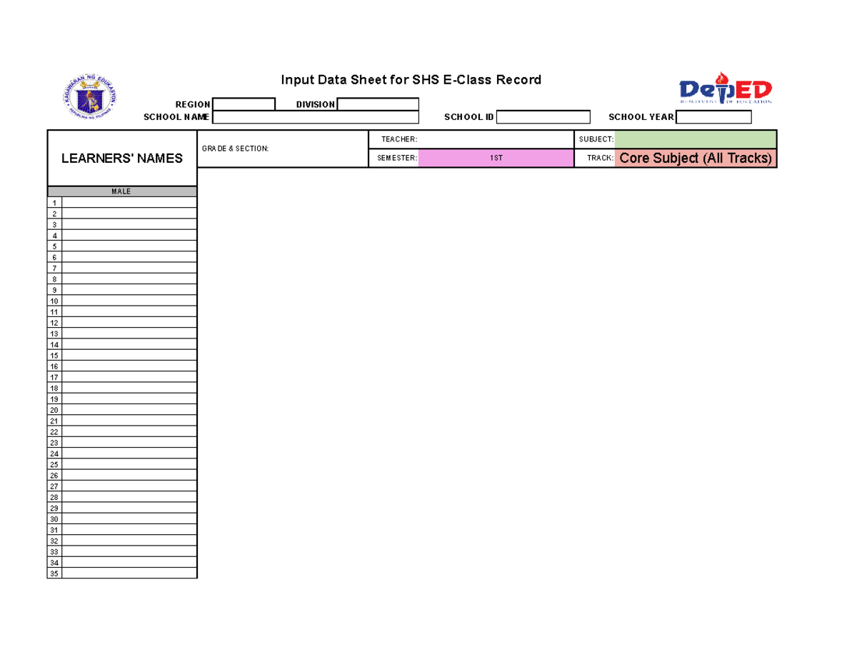 Shs E Class Record Input Data Sheet For Shs E Class Record Region