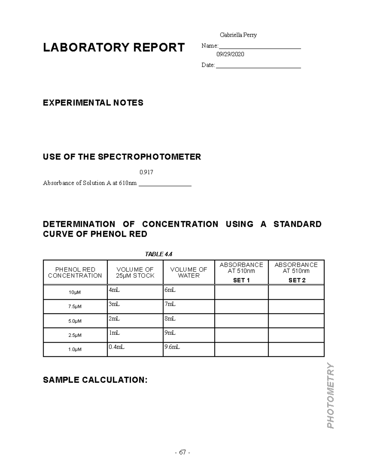 Perry Pre lab table - EXPERIMENTAL NOTES USE OF THE SPECTROPHOTOMETER ...