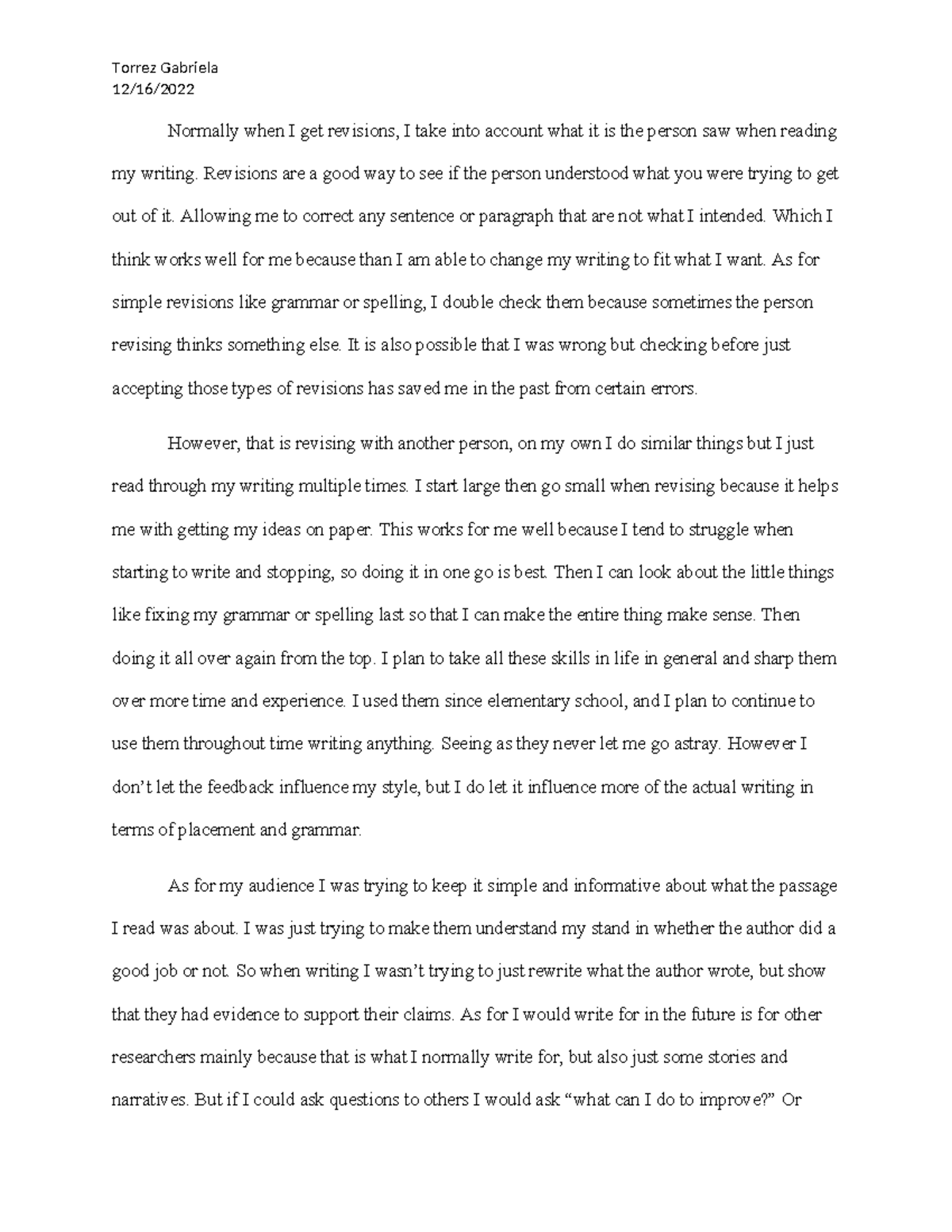 Last assignment - Thoughts on revisions and final paper - Torrez ...