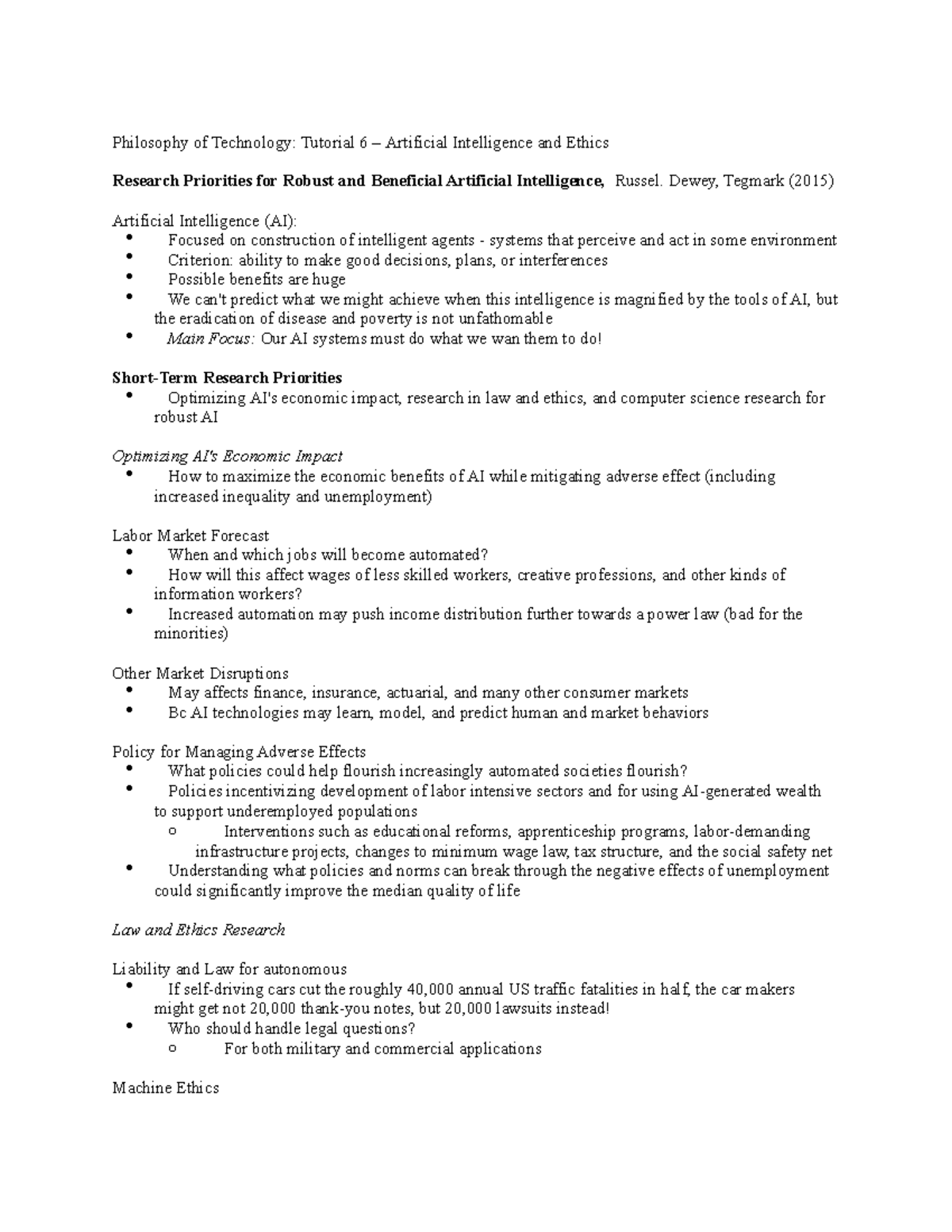 Philosophy of Technology- Tutorial 6 – Artificial Intelligence and ...