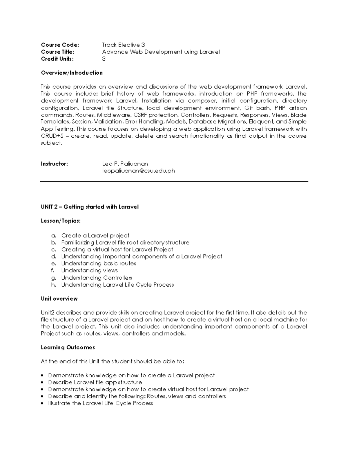 UNIT 2 - getting started with laravel - Course Code: Track Elective 3 Course Title: Advance Web ...