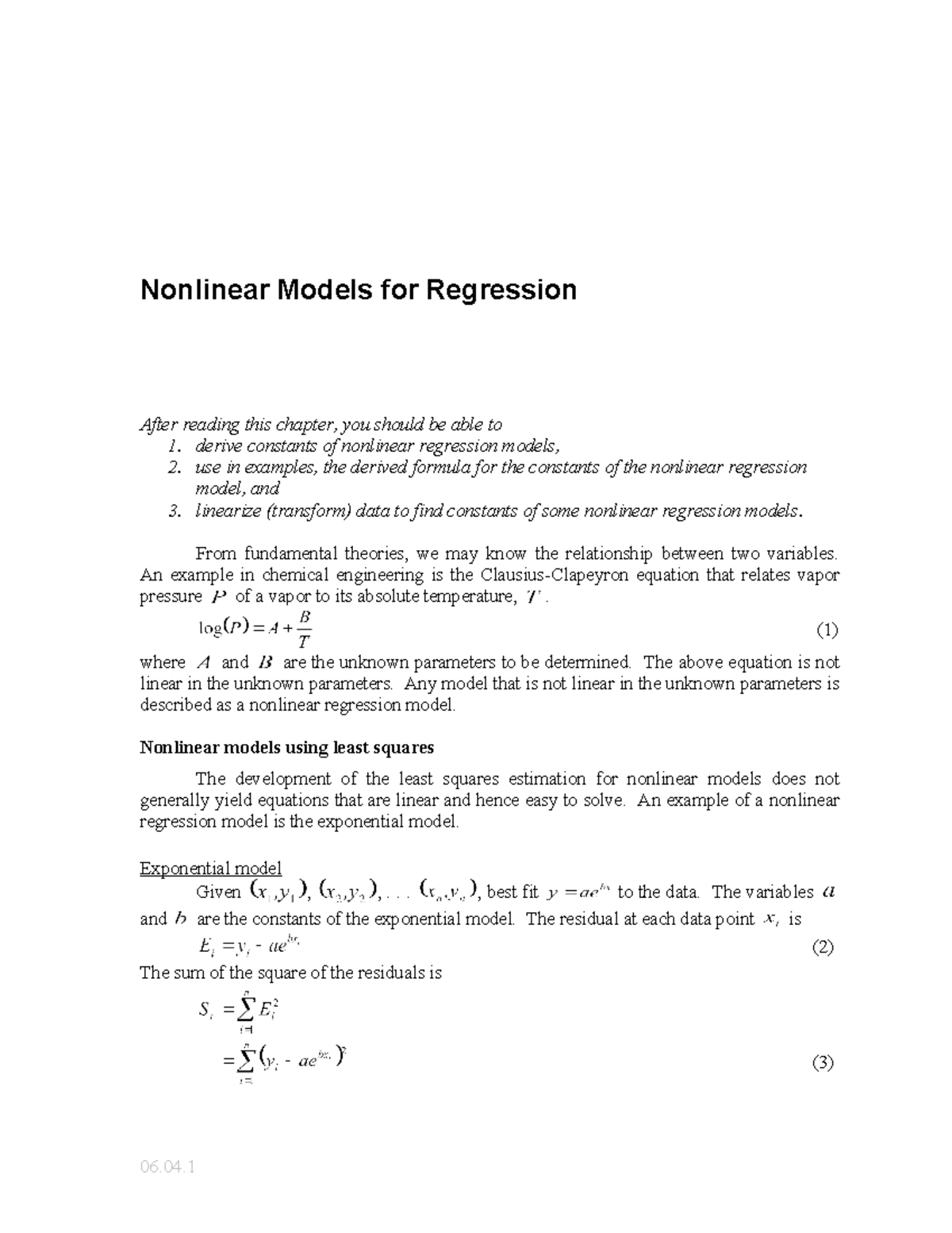 Régression non linéaire - Nonlinear Models for Regression After reading ...