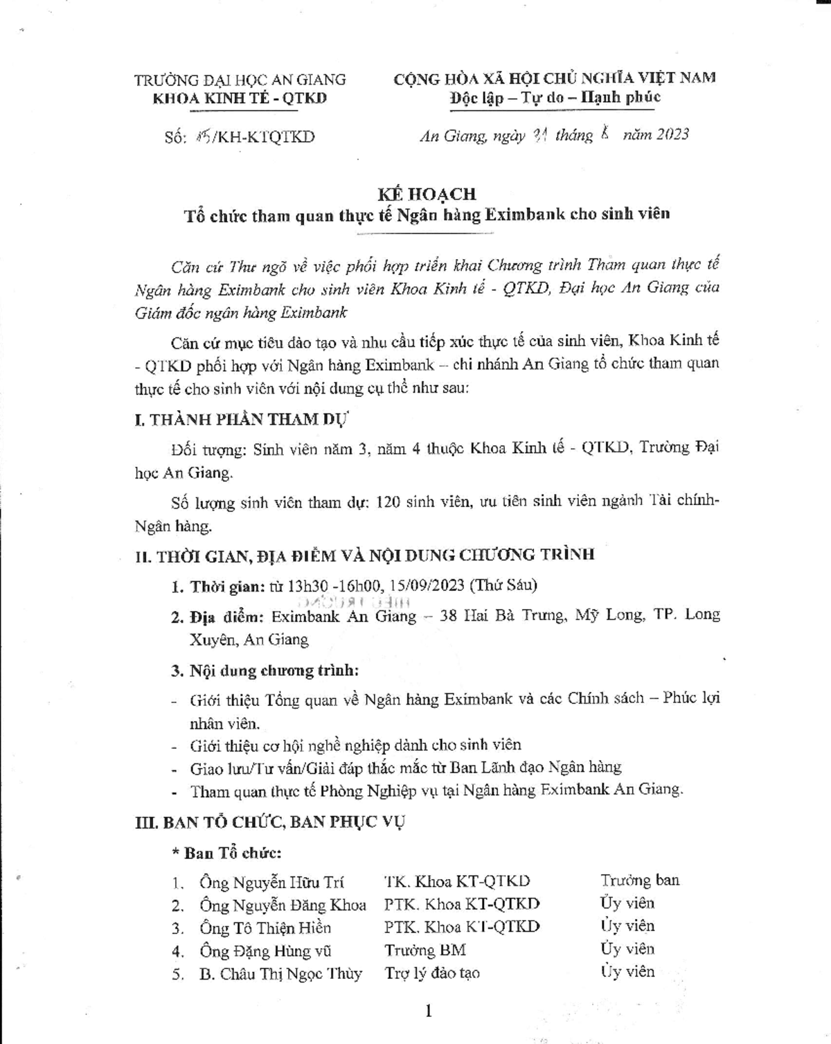 KH tham quan thuc te Eximbank - Quan Tri Kinh Doanh 1 - Studocu
