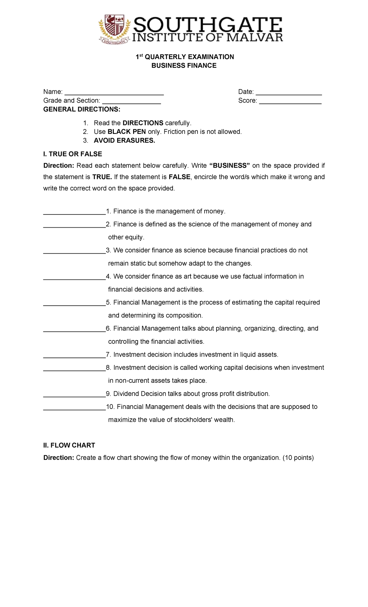 BUSS FIN Quarterly - test for the pre test of the test - 1 st QUARTERLY ...