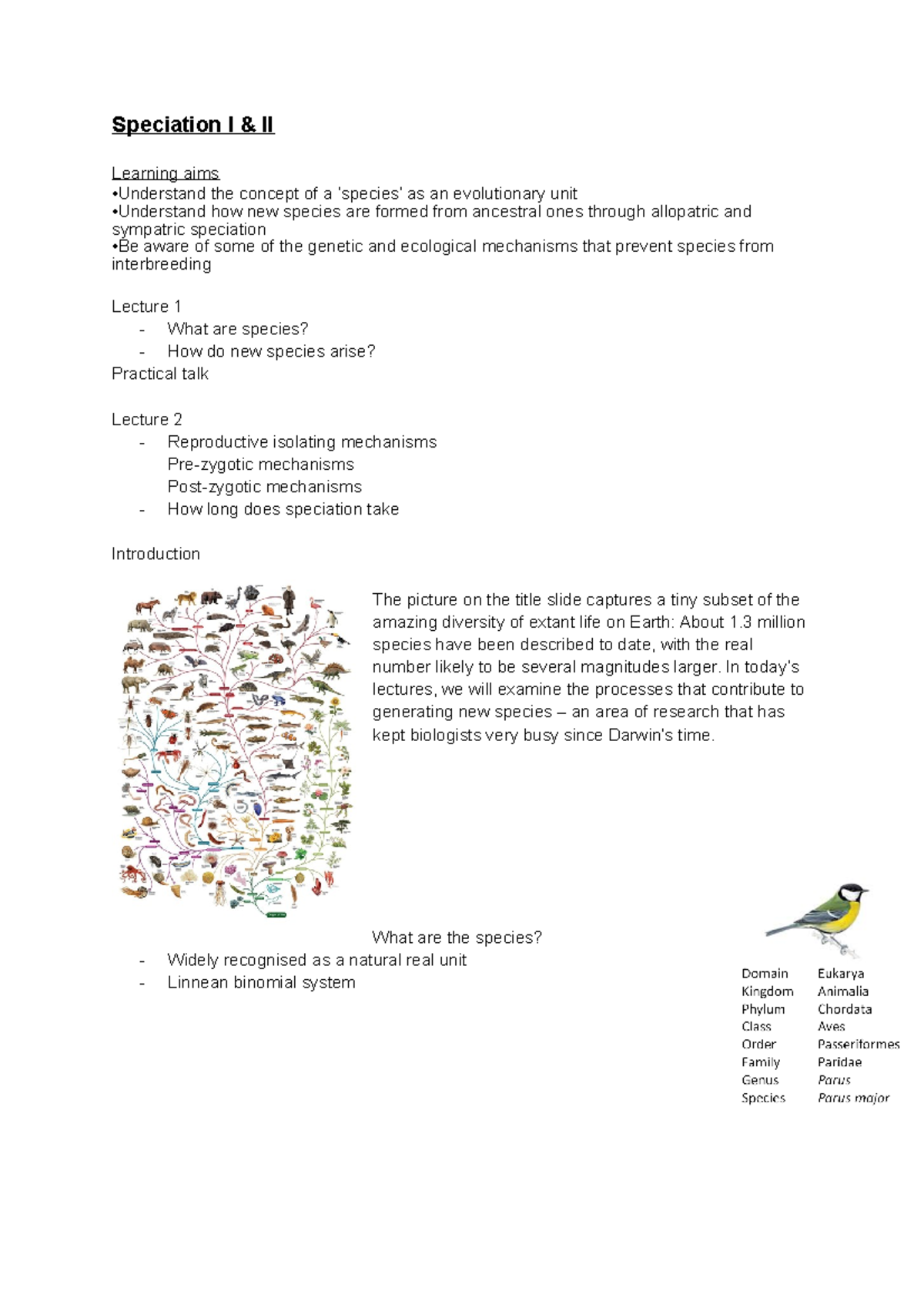 7. species and speciation - Speciation I & II Learning aims •Understand ...