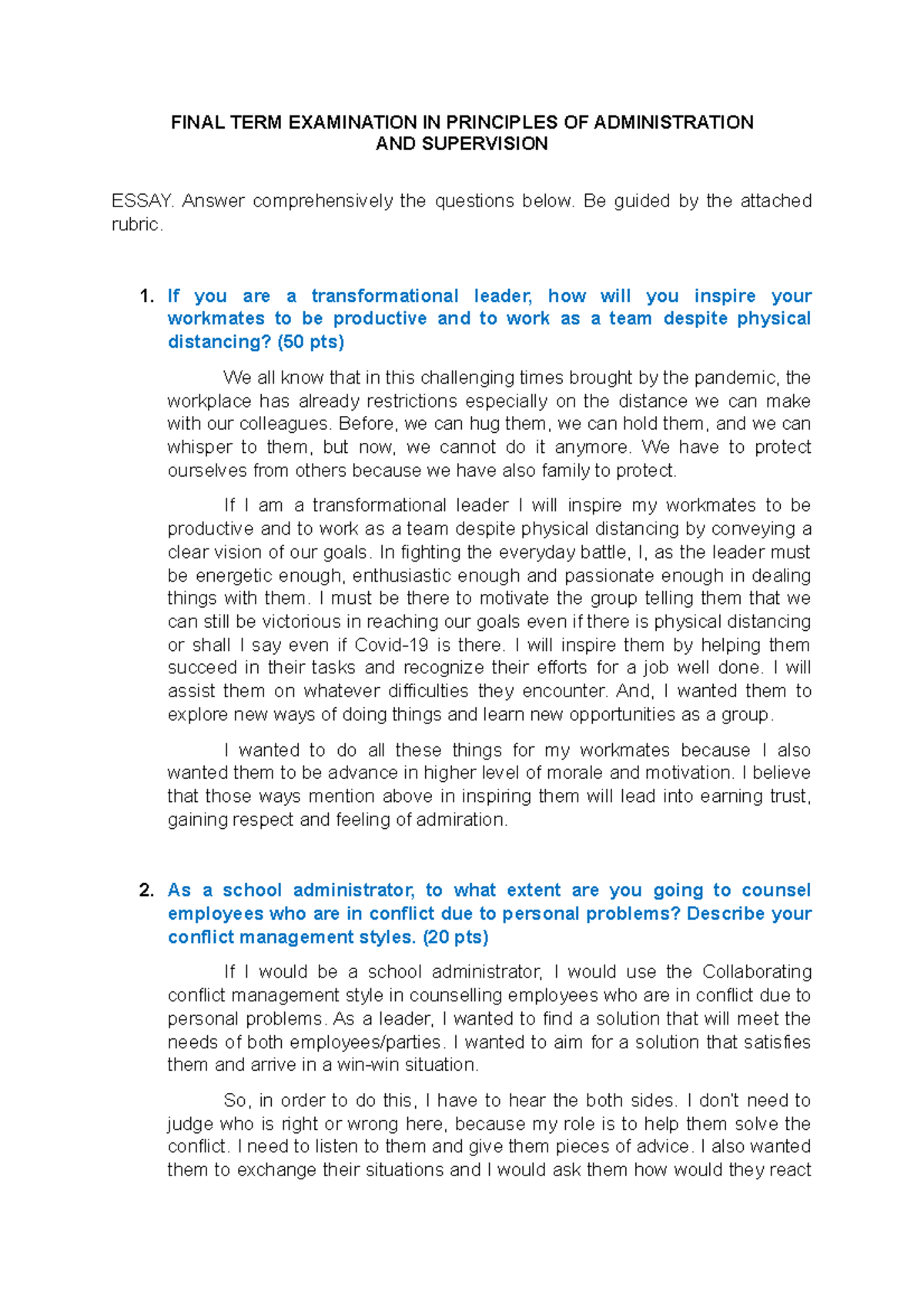 EDUC 264 Principles OF Adsup - FINAL TERM EXAMINATION IN PRINCIPLES OF ADMINISTRATION AND - Studocu