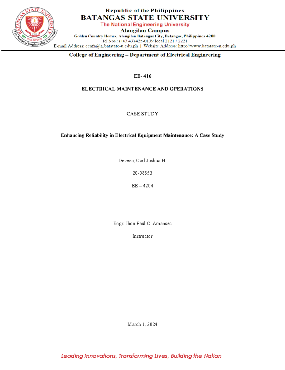 EMO Case Study - EE- 416 ELECTRICAL MAINTENANCE AND OPERATIONS CASE ...