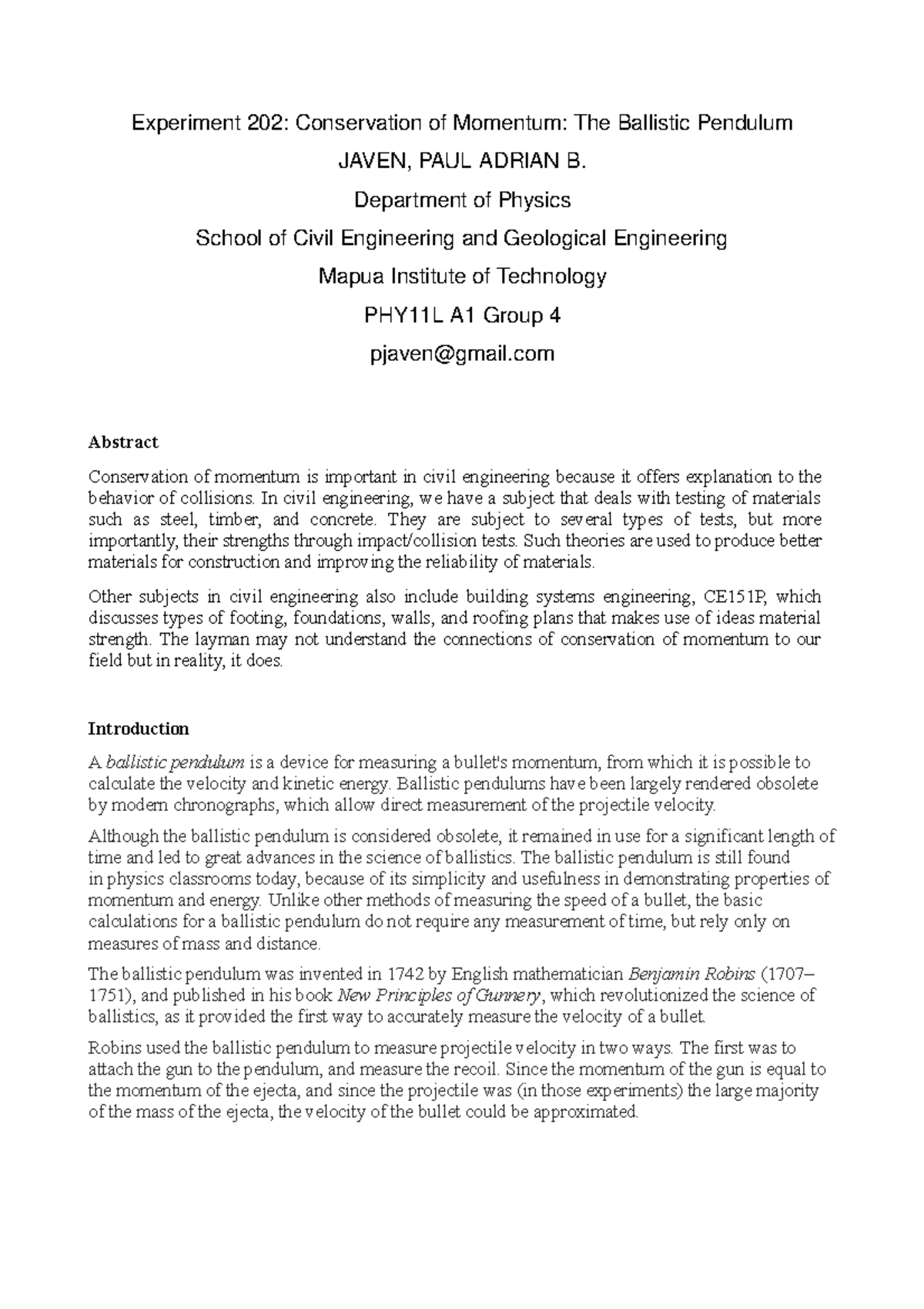 PHY11L Experiment 2 (E202) - Experiment 202: Conservation of Momentum ...