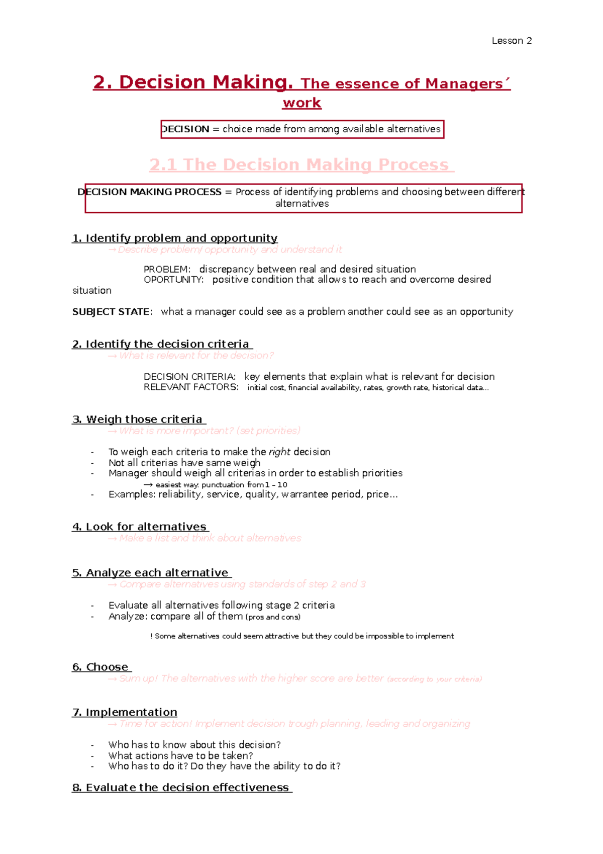 Lesson 2 - Decision Making - Lesson 2 2. Decision Making. The essence ...