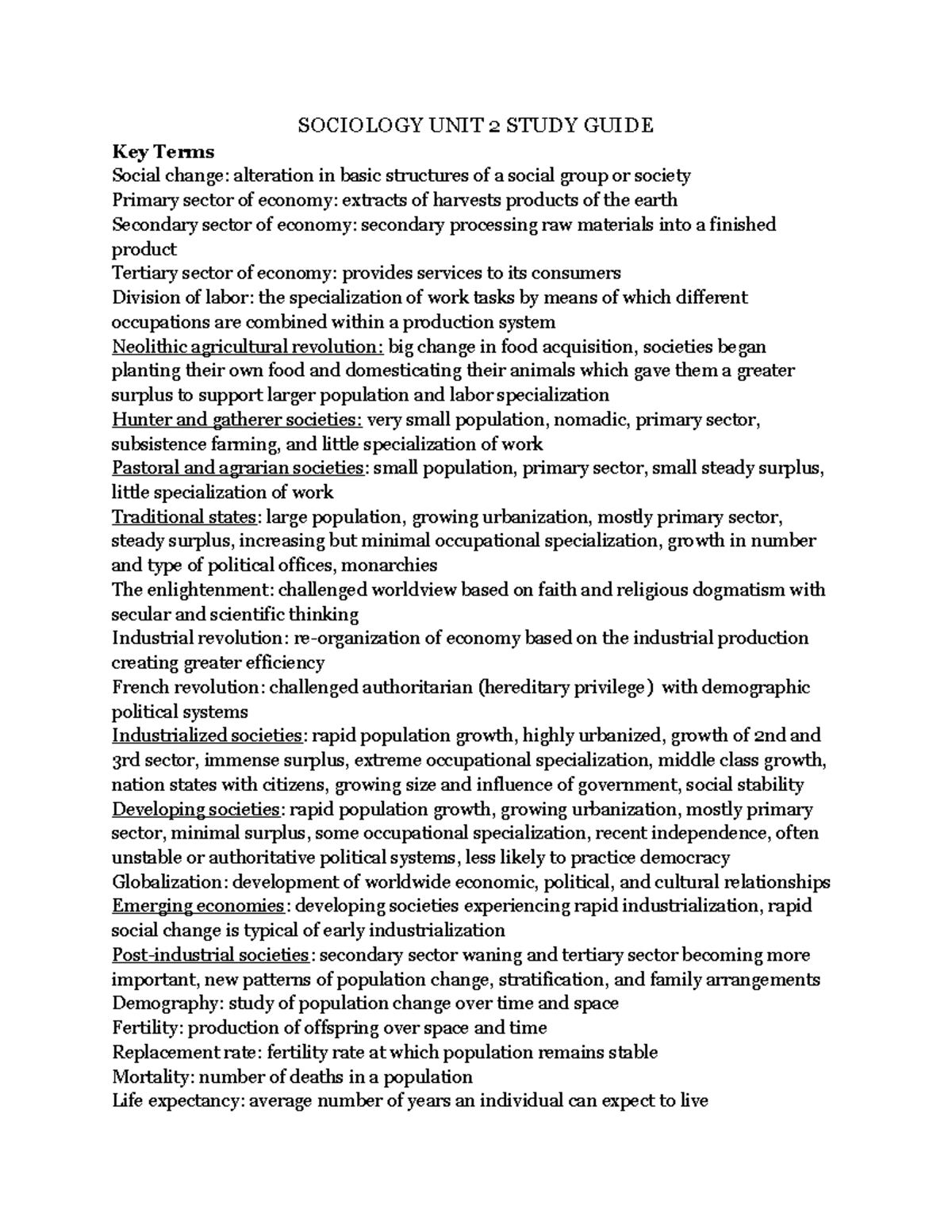 Sociology UNIT 2 Study Guide - SOCIOLOGY UNIT 2 STUDY GUIDE Key Terms ...