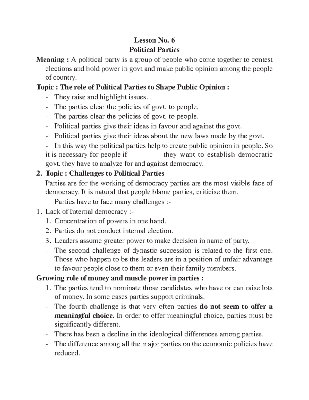 Political Parties - Lesson No. 6 Political Parties Meaning : A ...