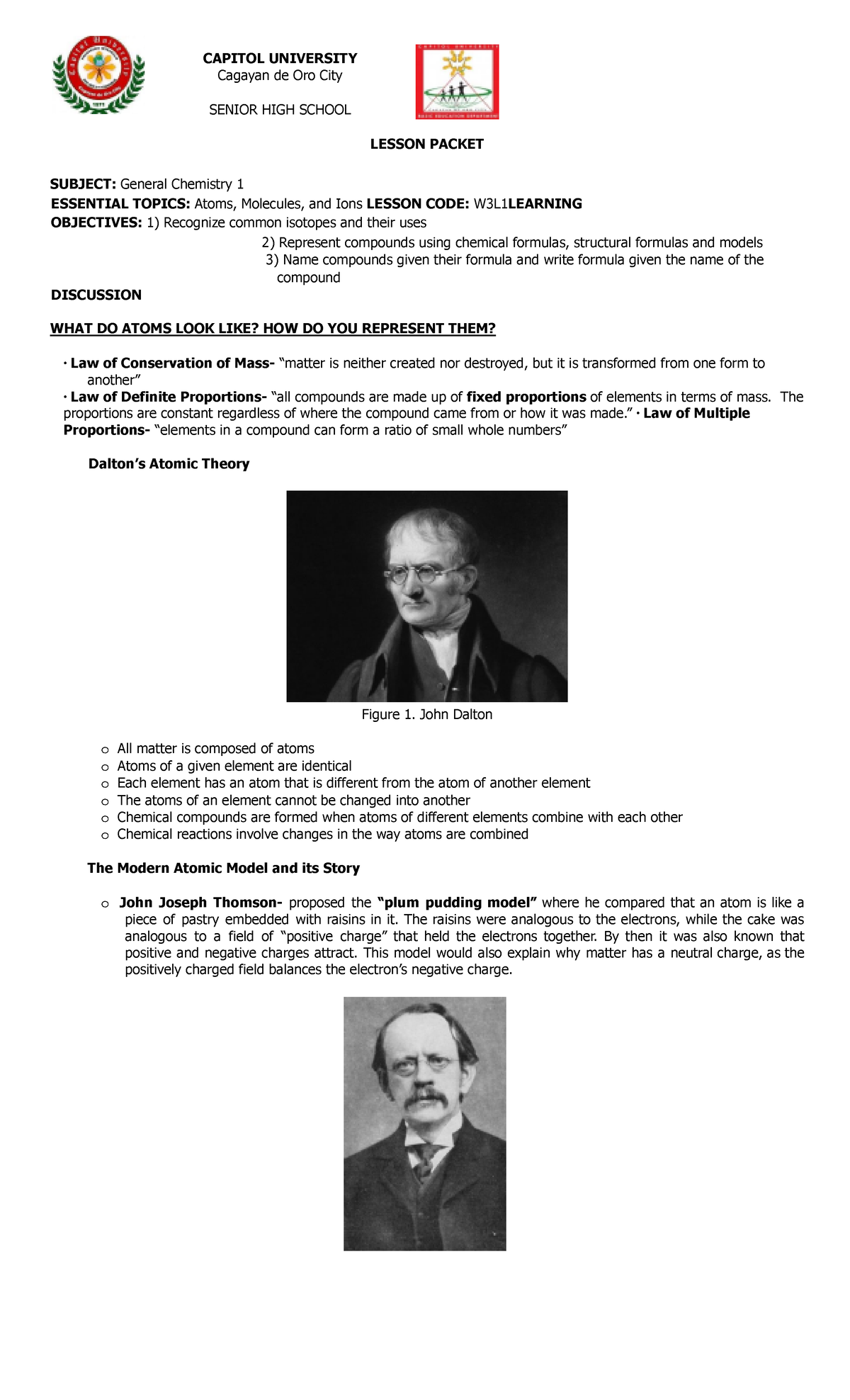 CHEMISTRY WEEK 3 - CAPITOL UNIVERSITY Cagayan de Oro City SENIOR HIGH ...