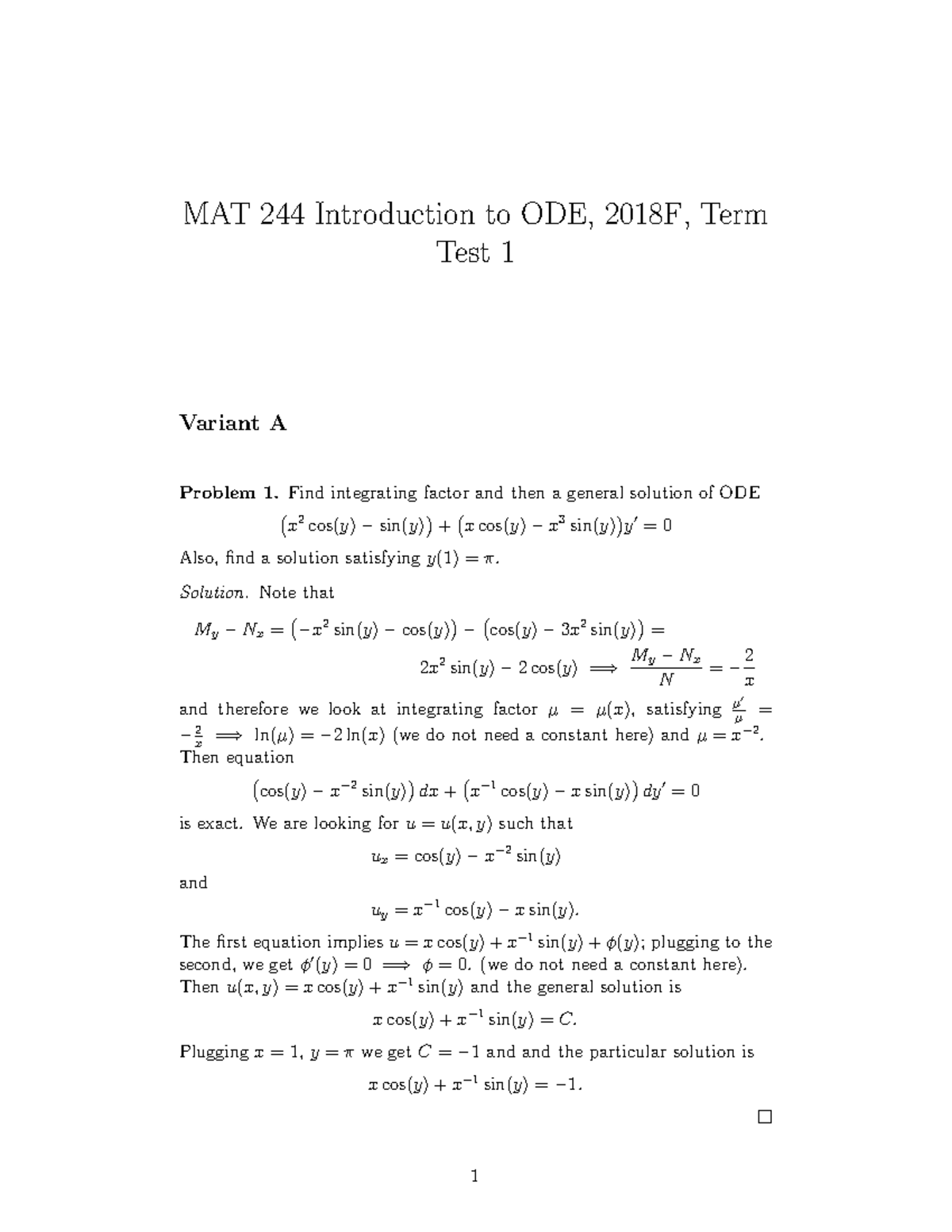 Mat244 Past Test 2018 Mat 244 Introduction To Ode 2018f Term Test 1