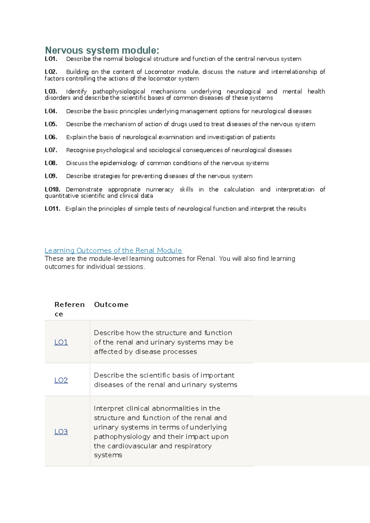 Learning outcomes year 2 - Nervous system module: LO1. Describe the ...