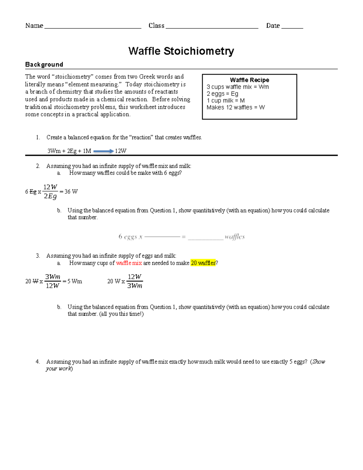 Worksheet - waffle stoichiometry - Name Class Date Waffle Stoichiometry ...