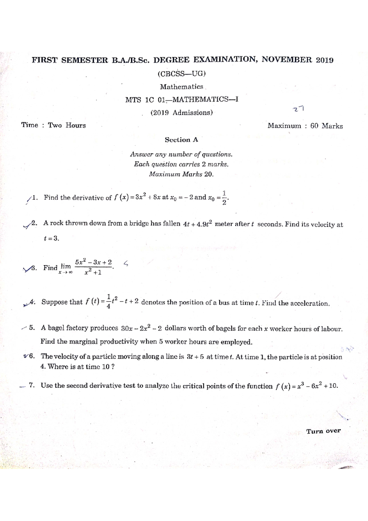 1st semester mathematics question paper - Bsc maths - Studocu