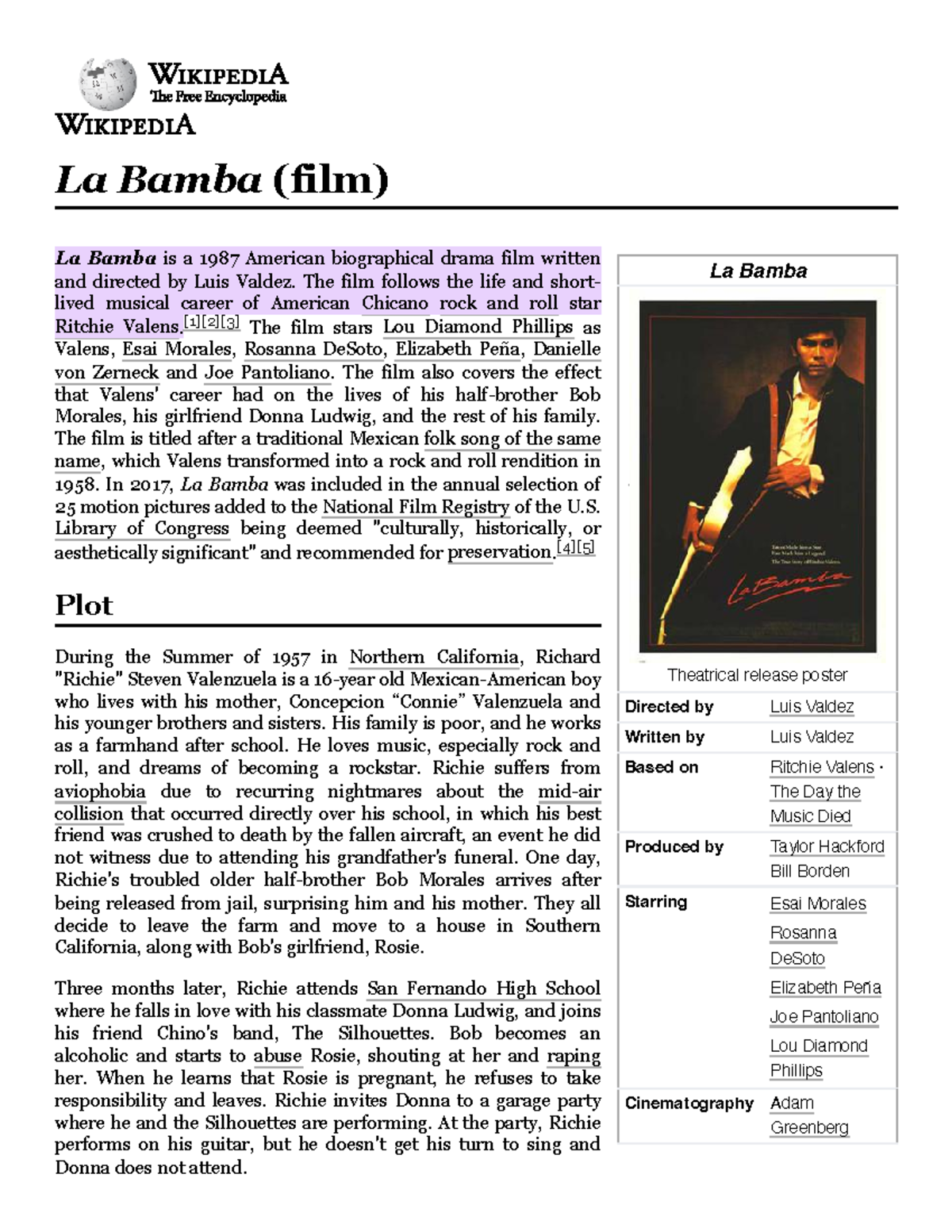 La Bamba (film) - Wikipedia - La Bamba Theatrical release poster ...