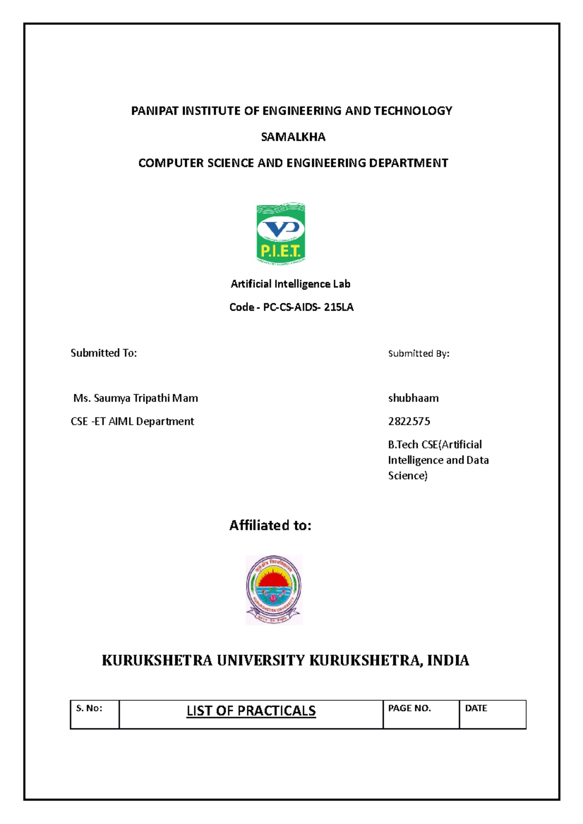 Shubham - PANIPAT INSTITUTE OF ENGINEERING AND TECHNOLOGY SAMALKHA ...