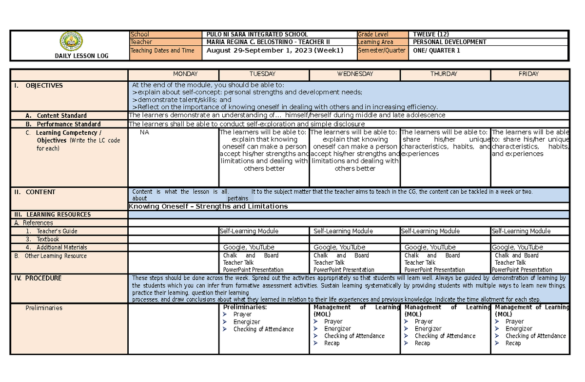 W1-PD-DLL-OOOOOOOO - DAILY LESSON LOG School PULO NI SARA INTEGRATED ...