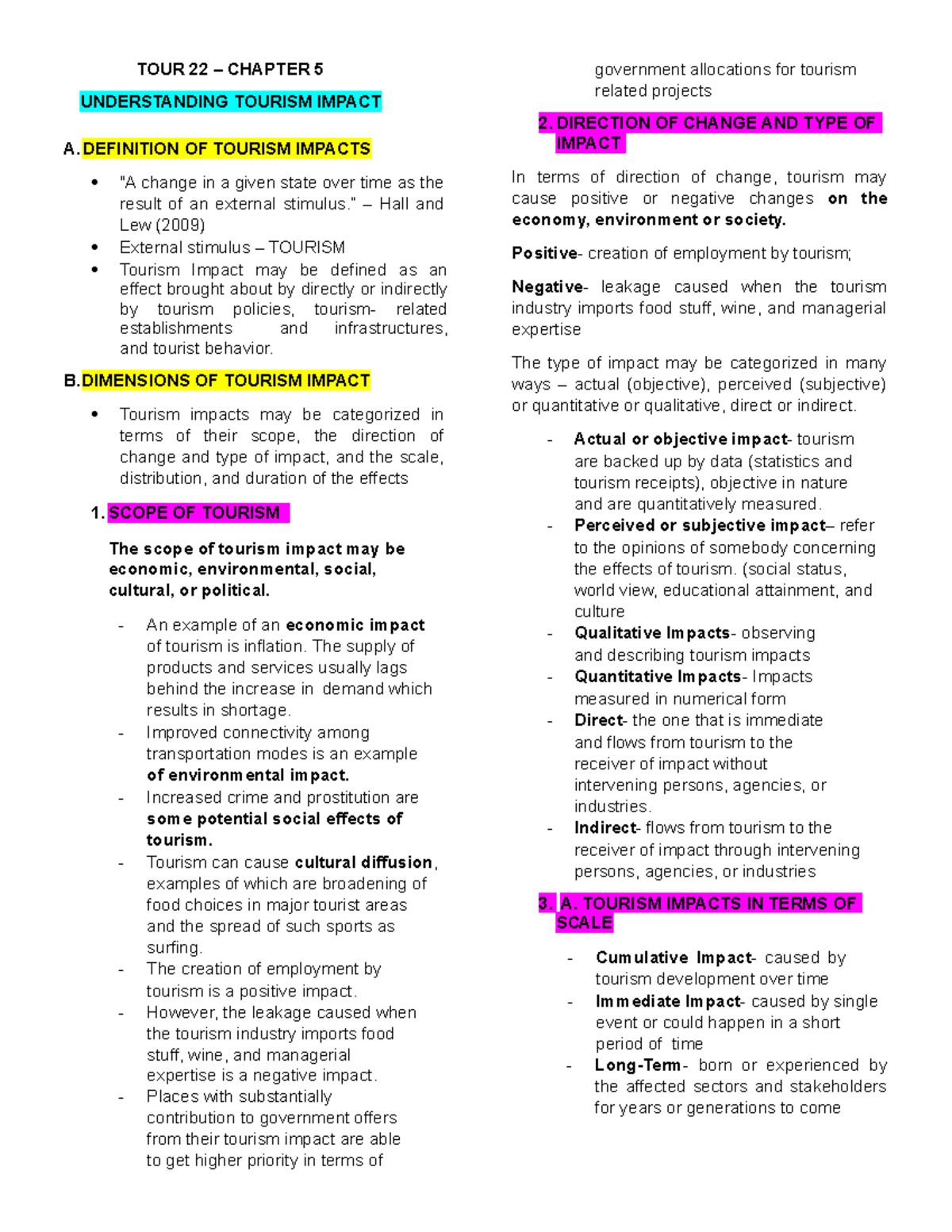 Reviewer IN TOUR-22 - TOUR 22 – CHAPTER 5 UNDERSTANDING TOURISM IMPACT ...