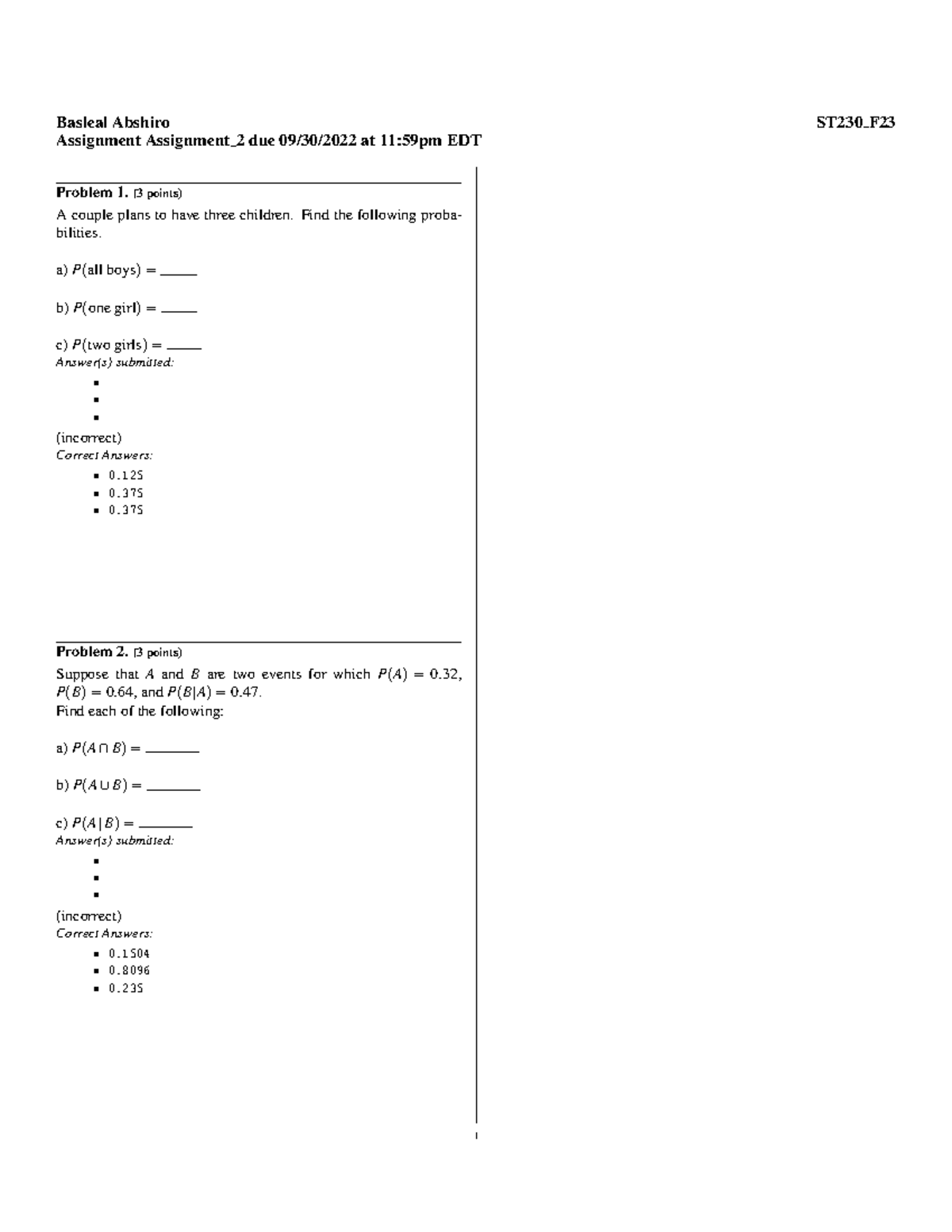 ST230 F23 - stats assingment - Basleal Abshiro ST230 F Assignment Assignment 2 due 09/30/2022 at ...