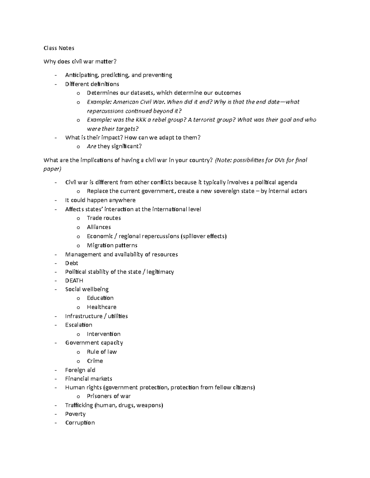 Week 1 Class 2 Notes - Overview - Class Notes Why does civil war matter ...