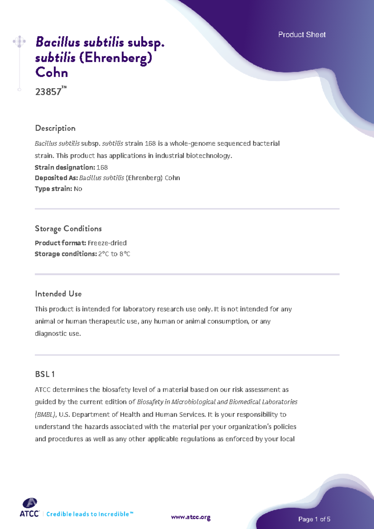 23857 Product Sheet - Bacillus subtilis subsp. subtilis (Ehrenberg ...