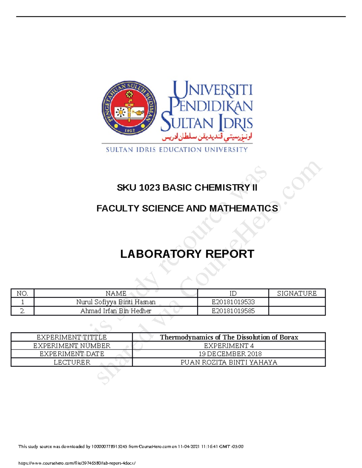 Lab report 4 SKU 1023 - Kimia II - Studocu