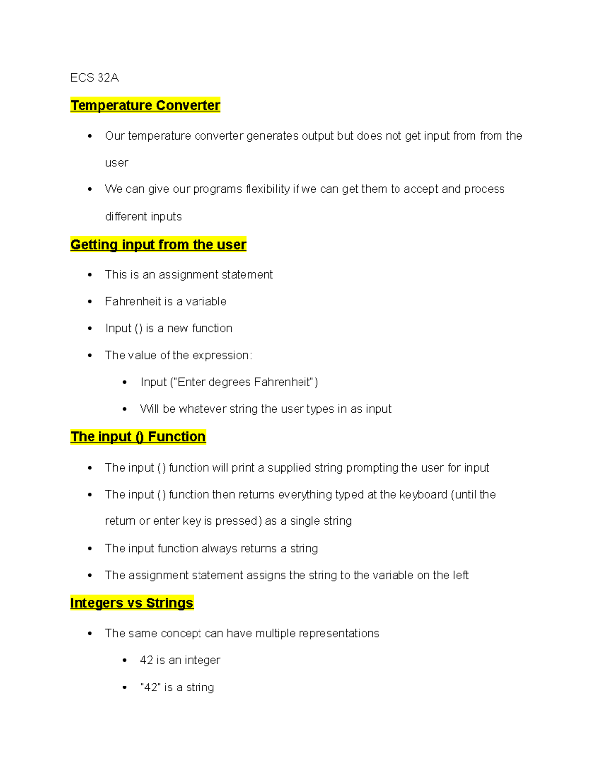 ECS 32A Day 10 - The input () function - ECS 32A Temperature Converter Our temperature converter ...