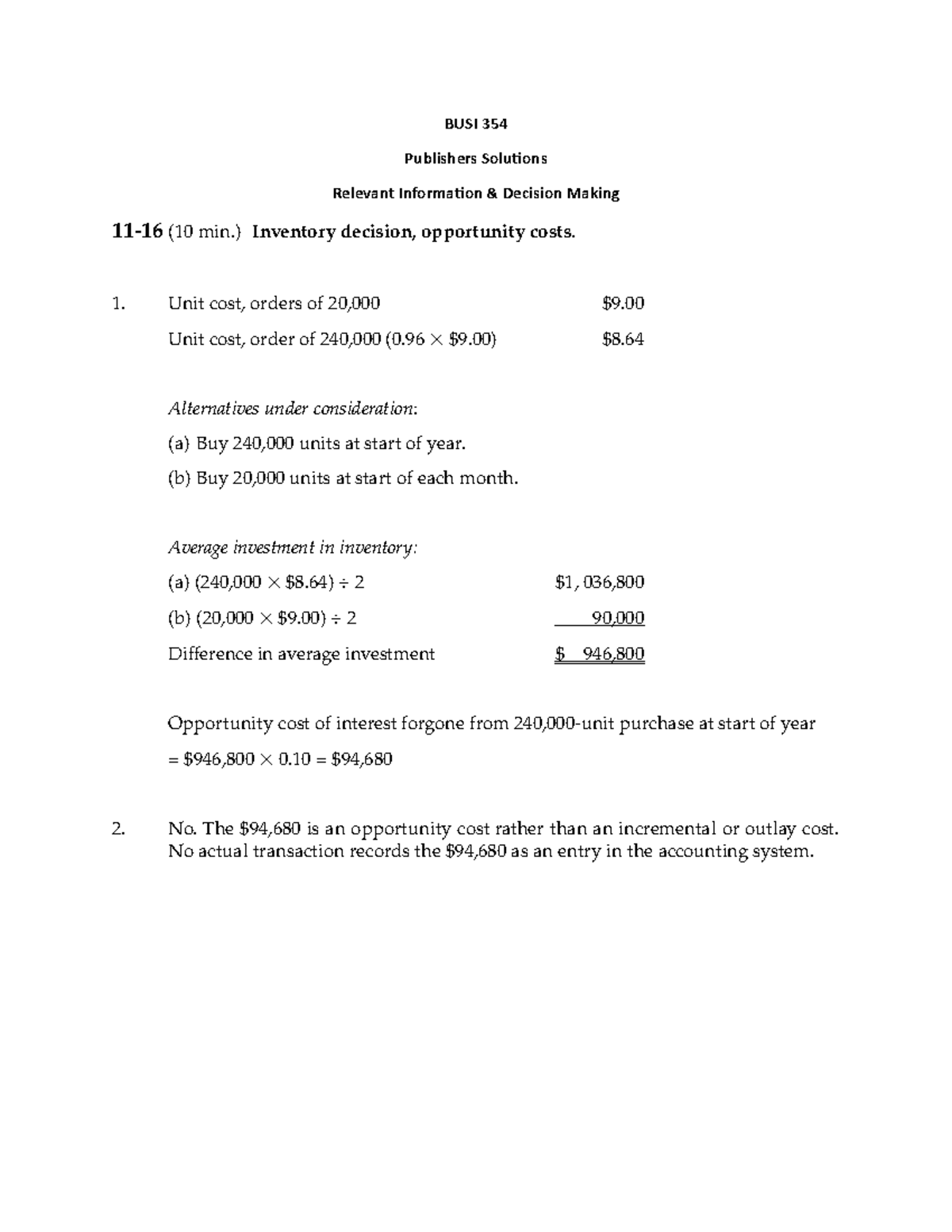 Publishers Solutions to Recommended Questions - BUSI 354 Publishers ...