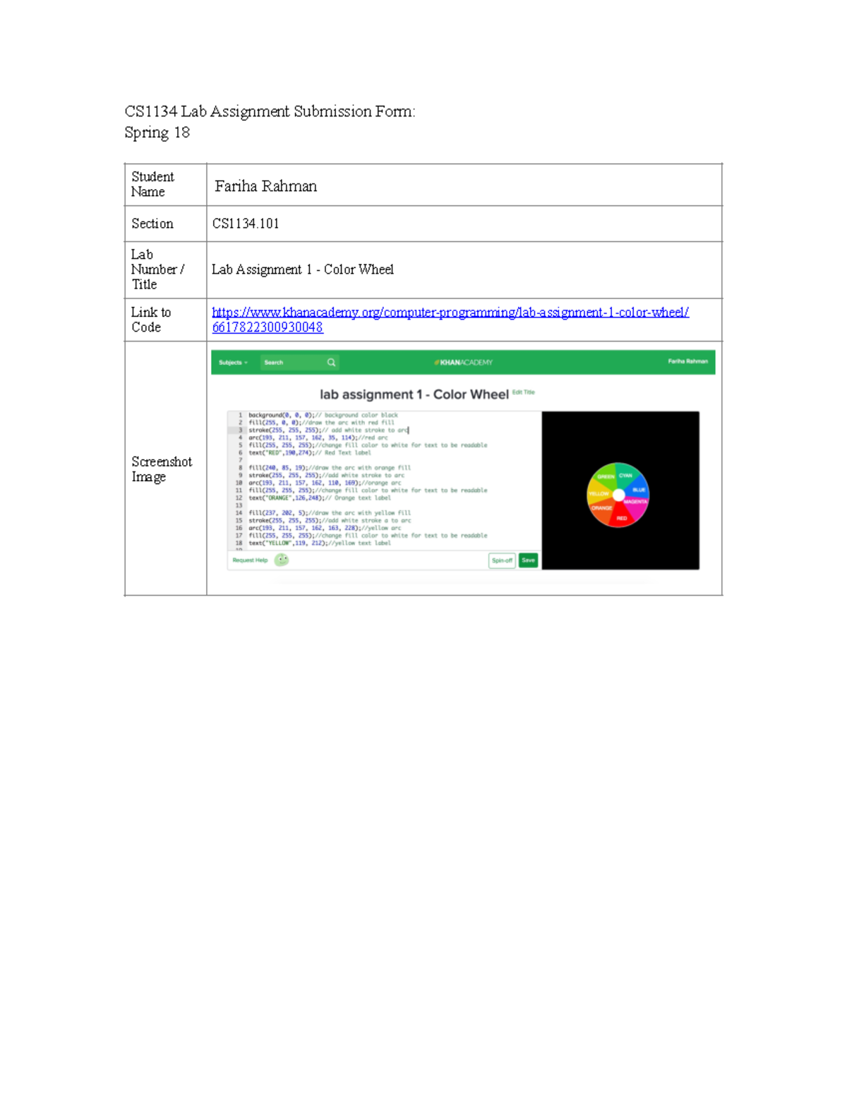 Computer science Lab 1 - CS1134 Lab Assignment Submission Form: Spring ...