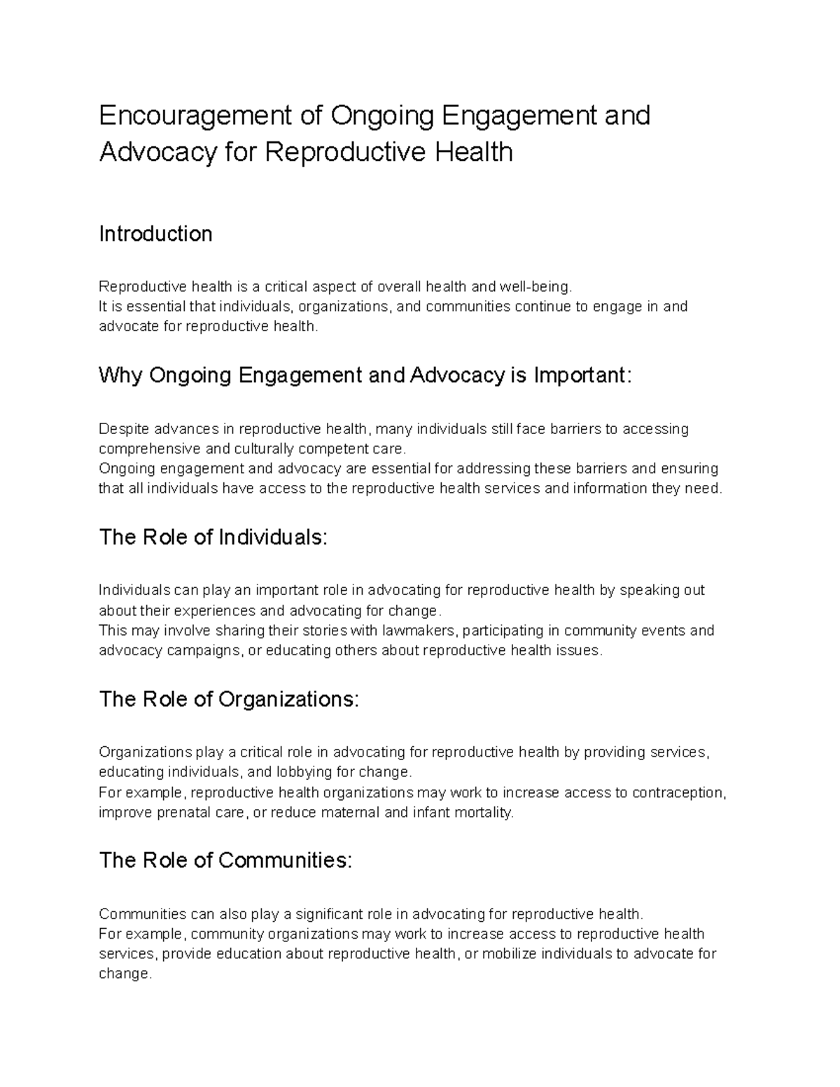 Reproductive Health Lecture 27 - Encouragement of Ongoing Engagement ...