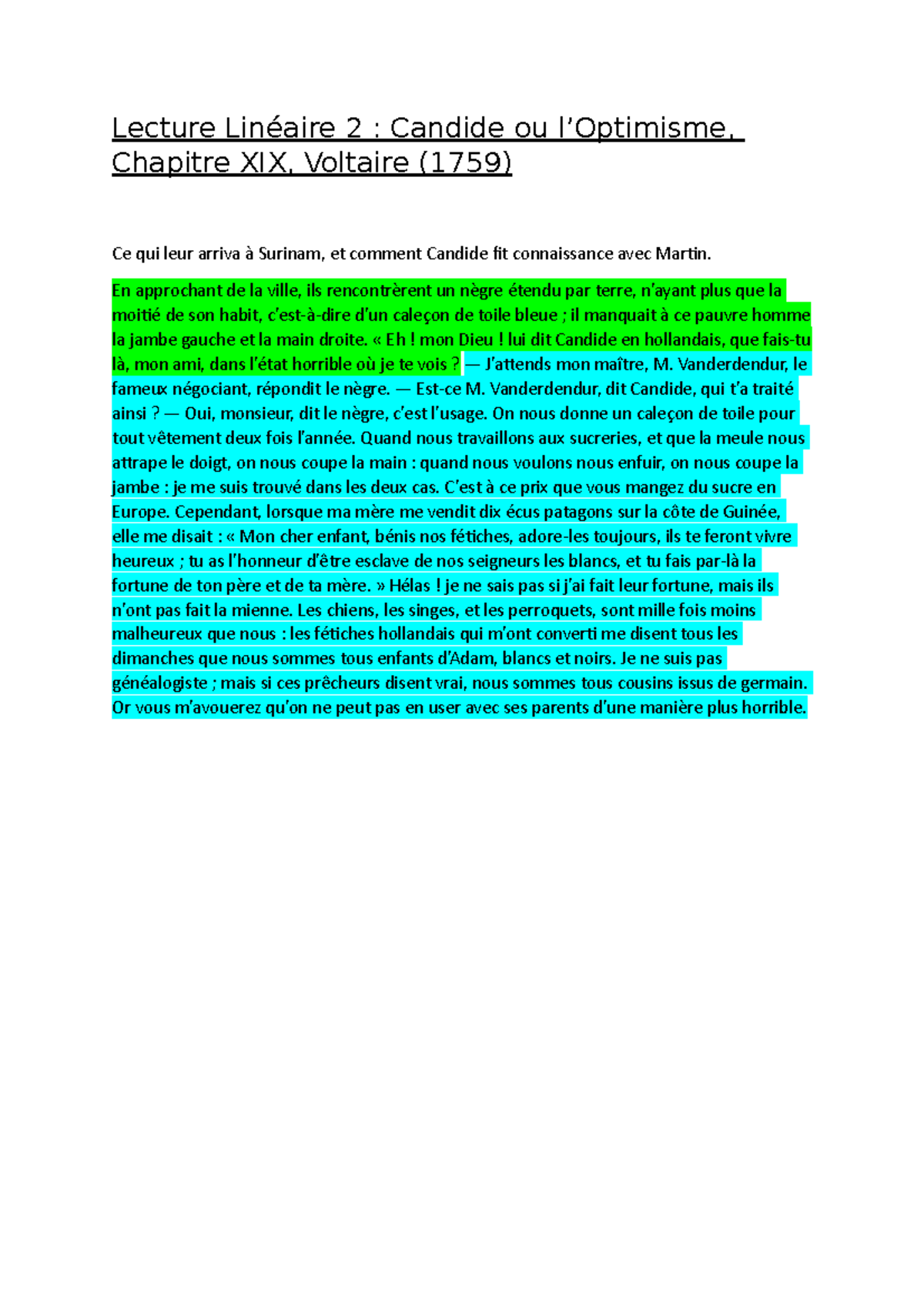 Fiche Texte de Voltaire - Lecture Linéaire 2 : Candide ou l’Optimisme, Chapitre XIX, Voltaire ...
