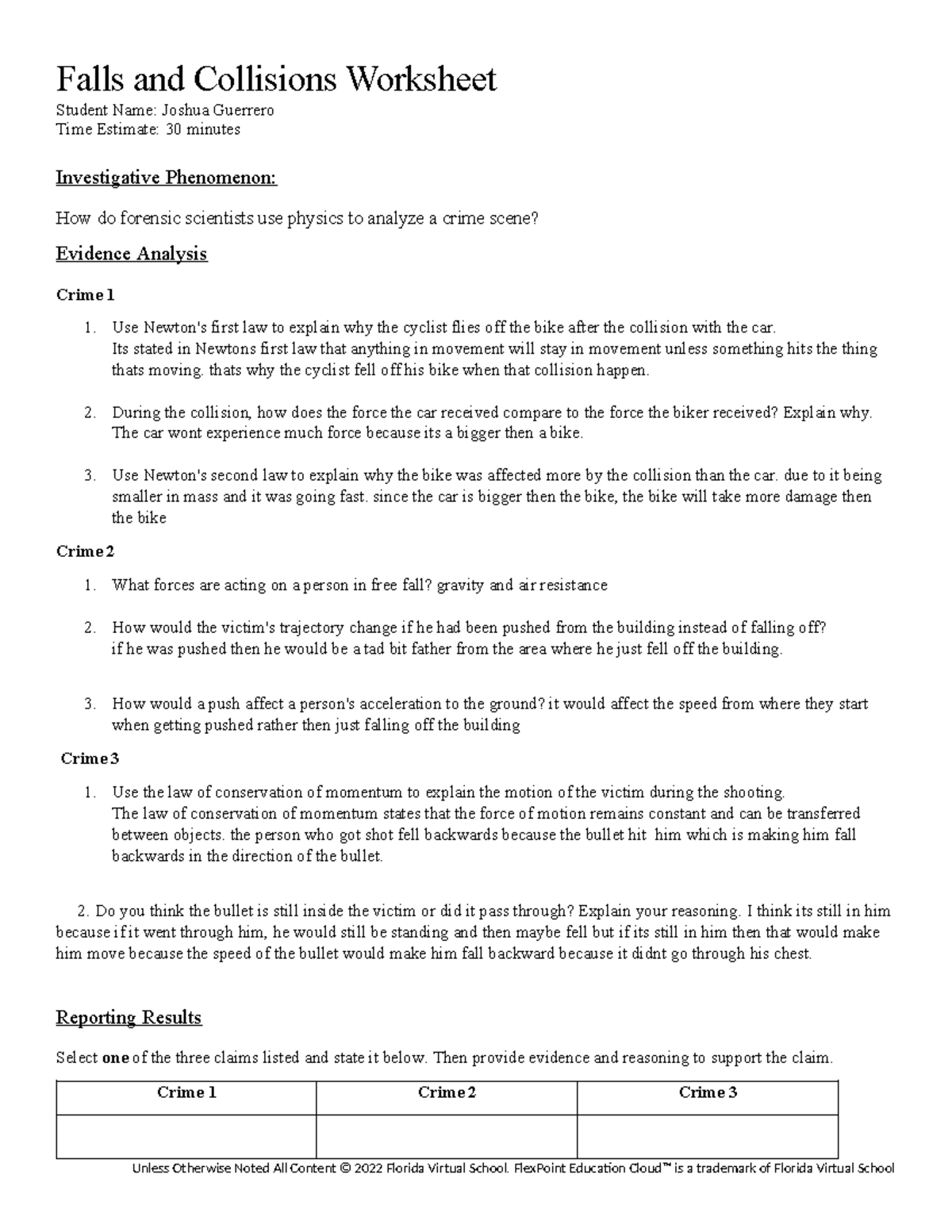 Falls and collisions worksheet - Falls and Collisions Worksheet Student ...