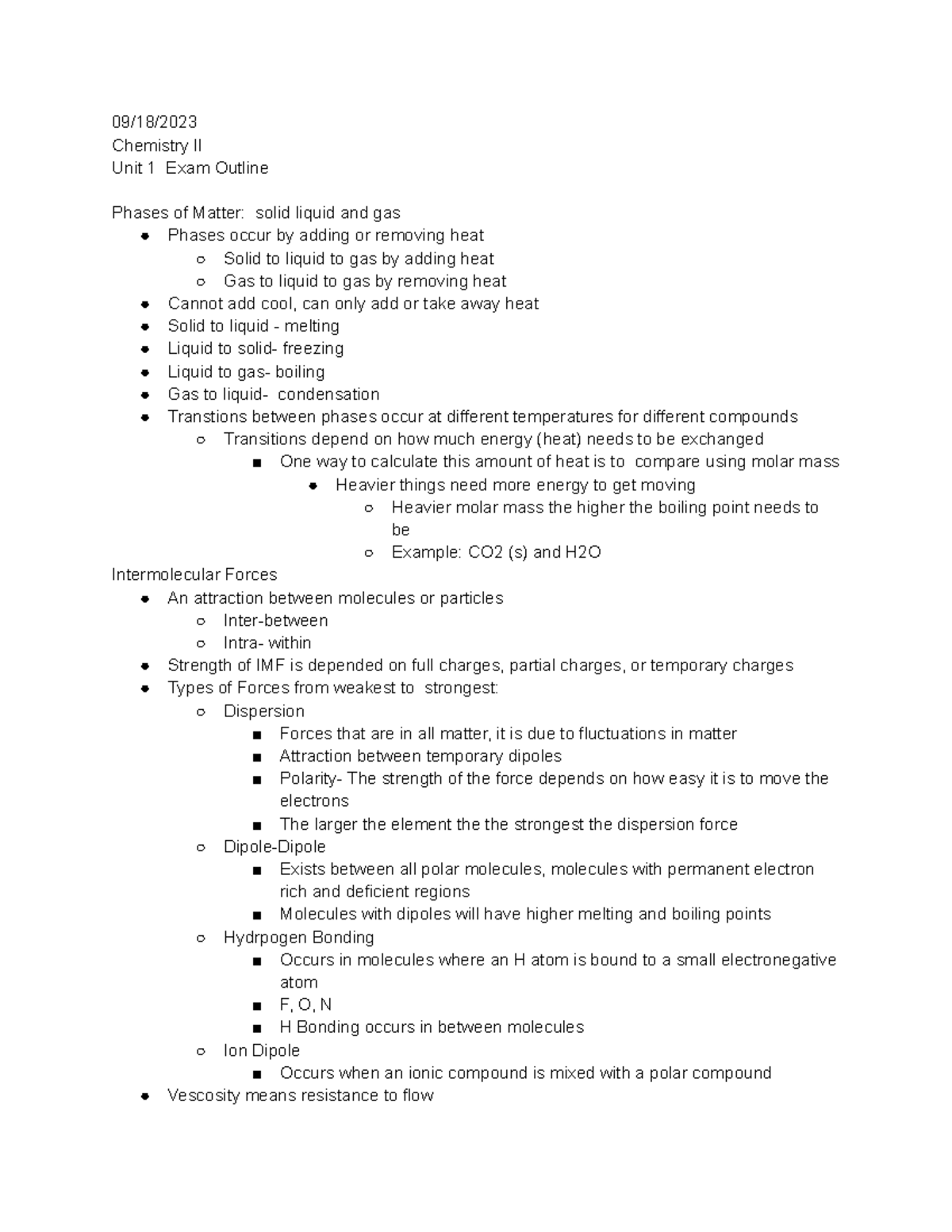 Chem II Study Guide - 09/18/ Chemistry II Unit 1 Exam Outline Phases of ...