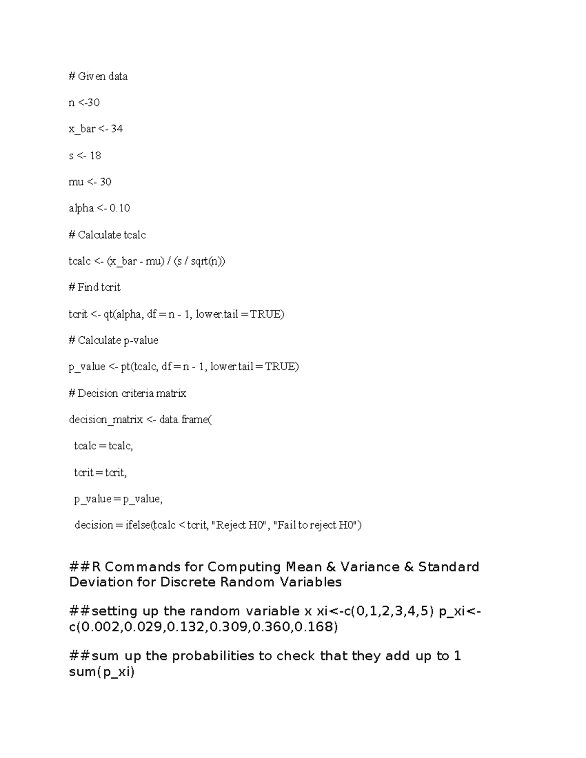 Midterm R code - Summary Business Statistics in R - Given data n