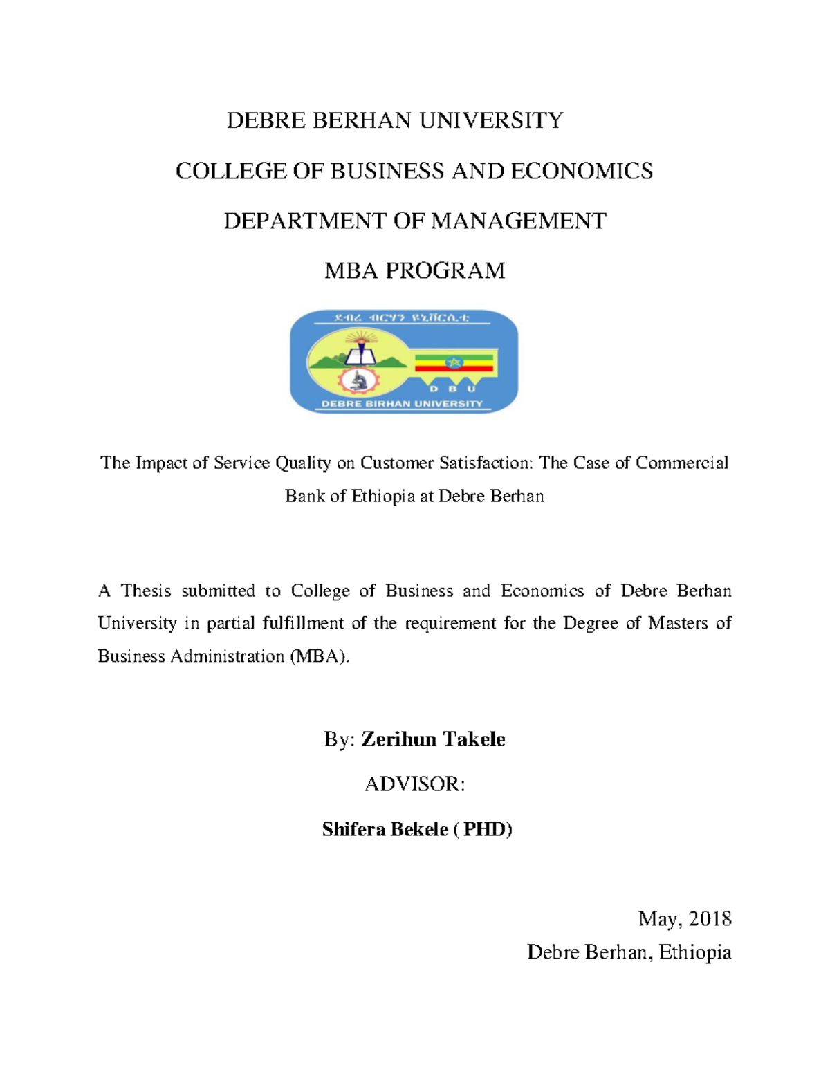 Zerish Takele final thesis - DEBRE BERHAN UNIVERSITY COLLEGE OF BUSINESS AND ECONOMICS ...