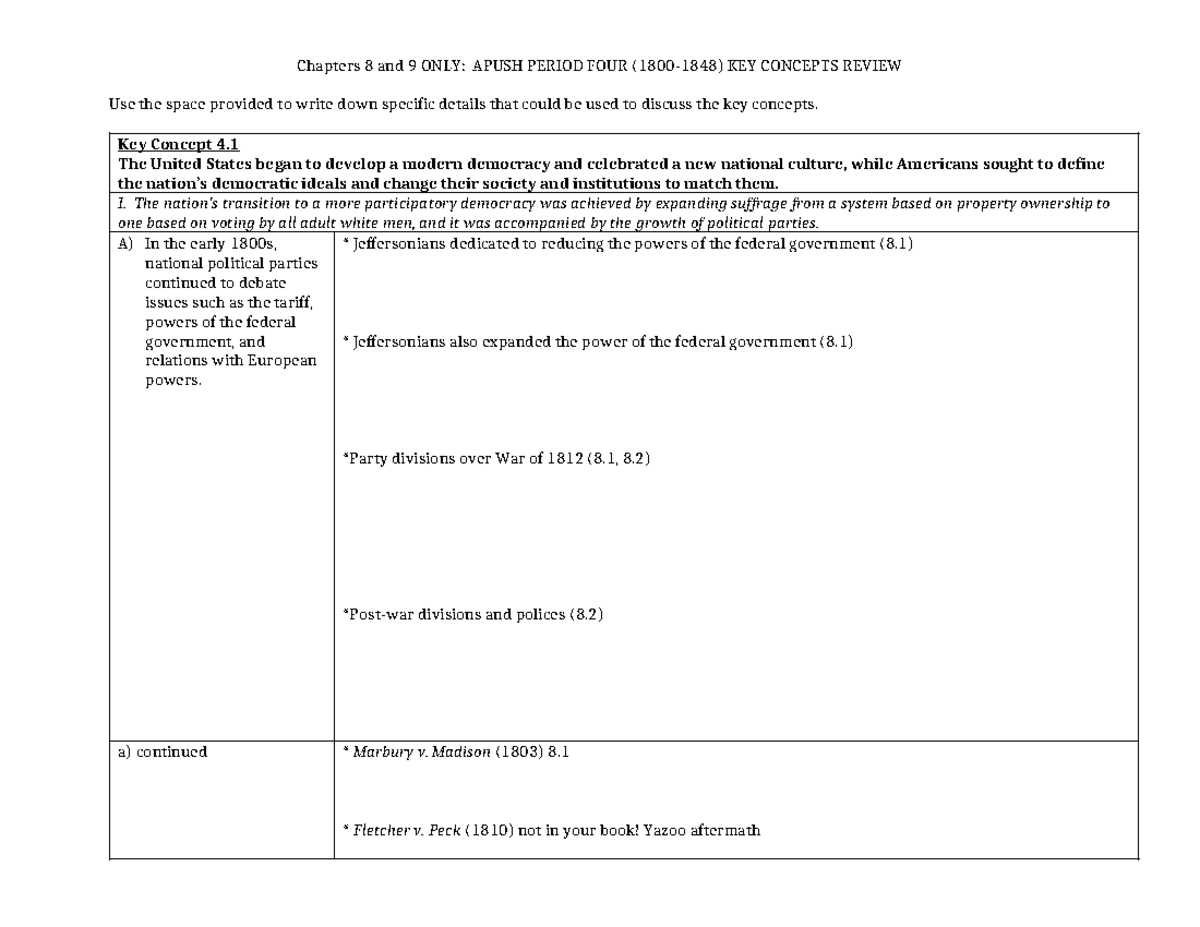 Ch 8 frame work - Chapters 8 and 9 ONLY: APUSH PERIOD FOUR (1800-1848 ...