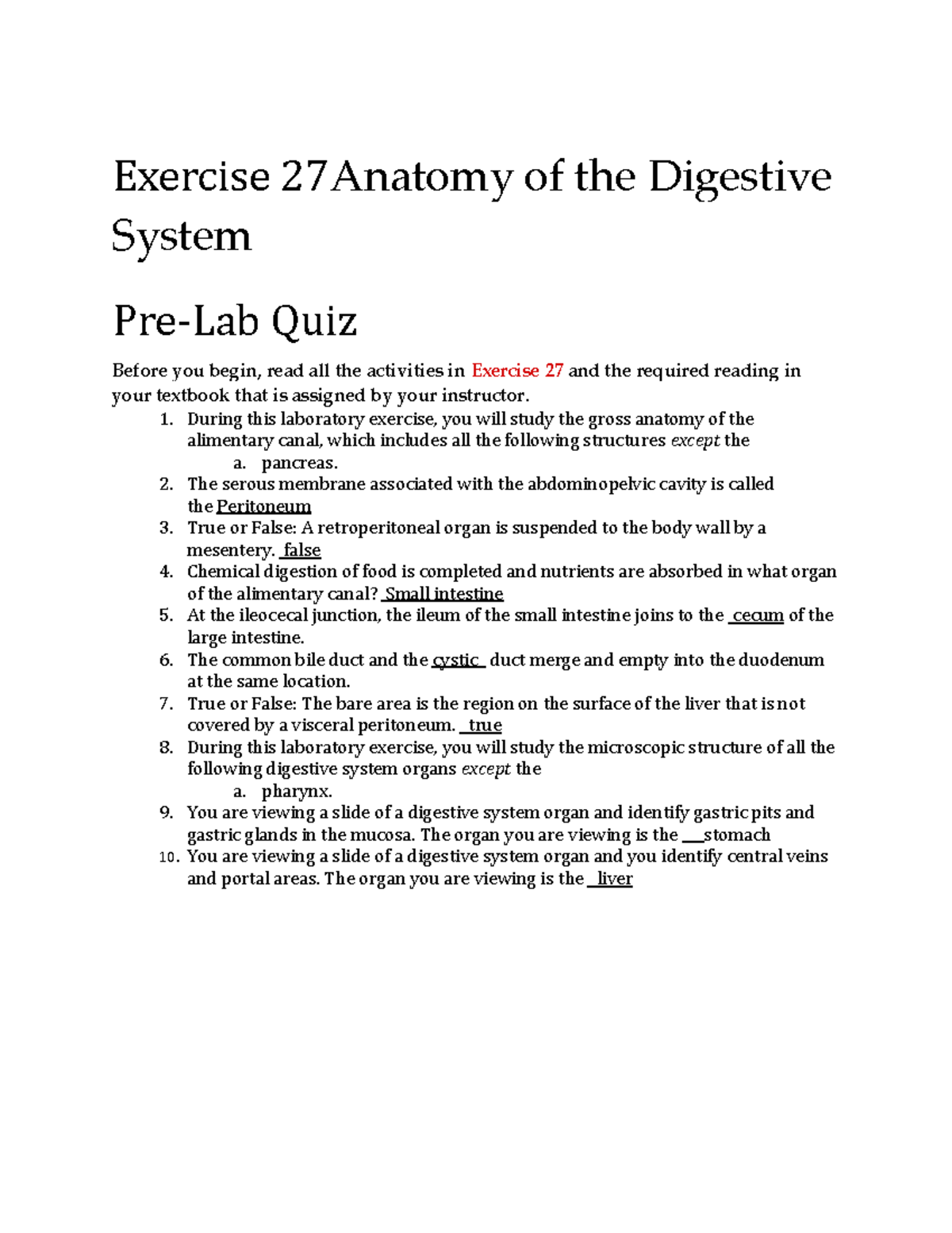 Lab 10 Pre-lab Quiz Digestive System - Exercise 27 Anatomy of the ...