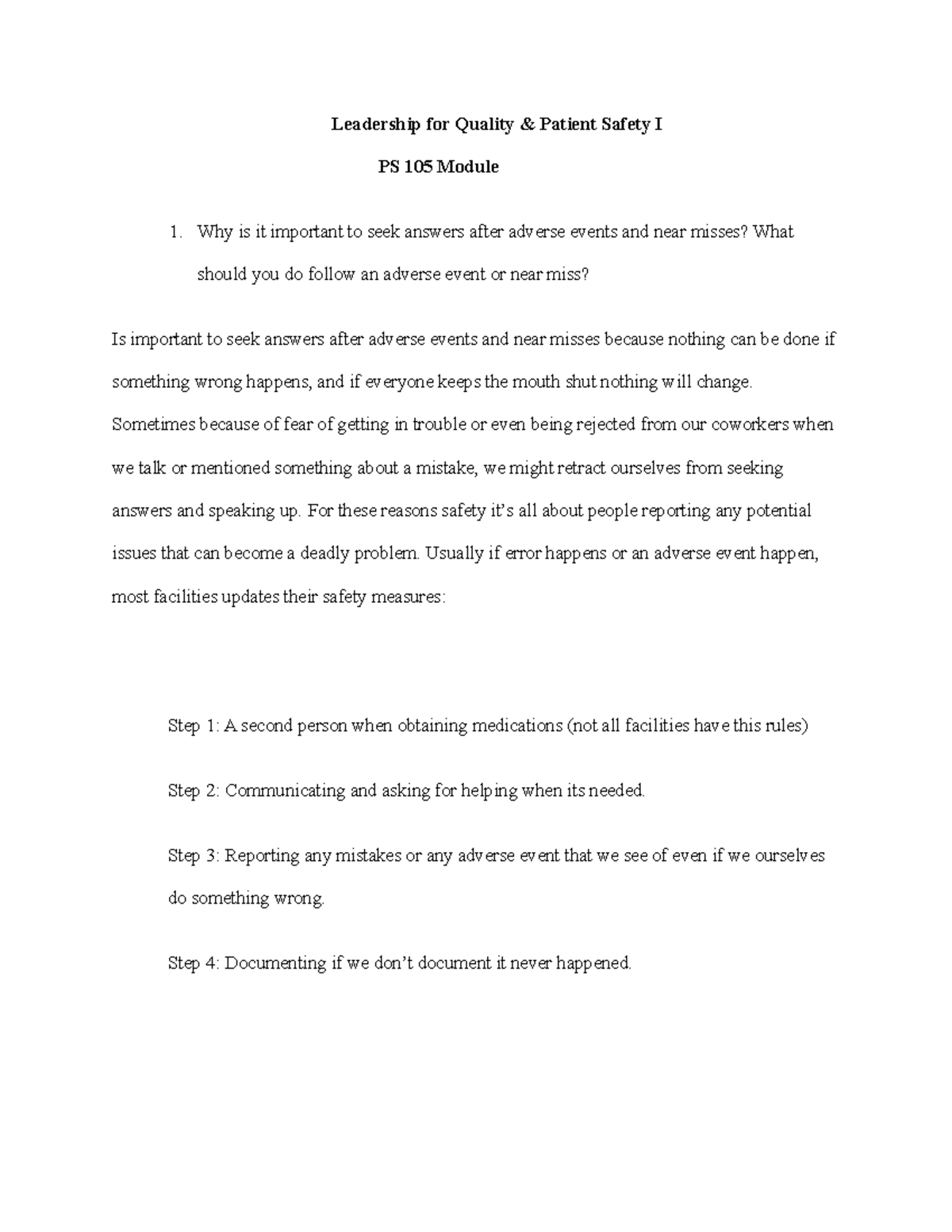 PS 105 Module 2 - Leadership for Quality & Patient Safety I PS 105 ...