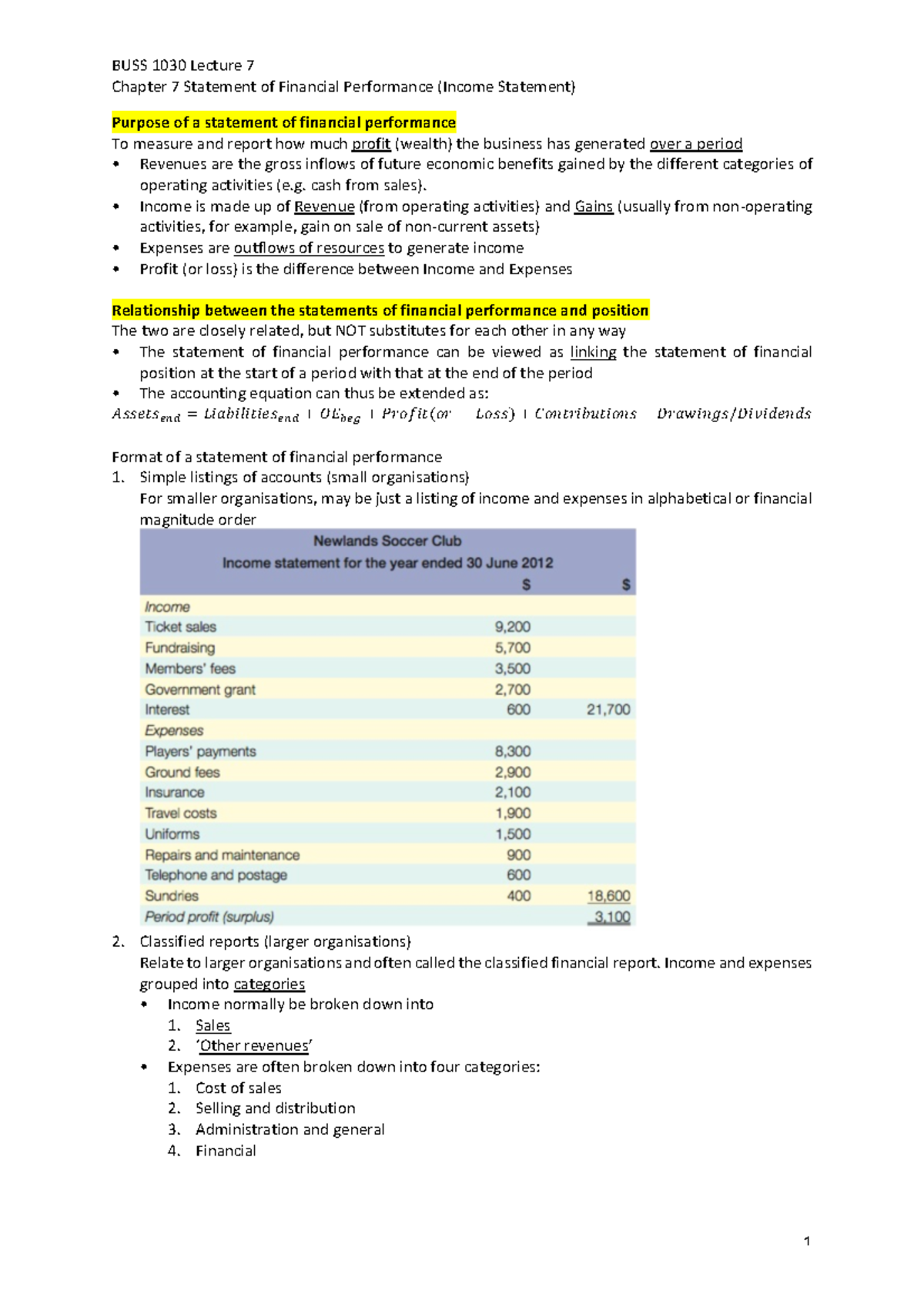 buss1030 note week7 - BUSS 1030 Lecture 7 Chapter 7 Statement of ...