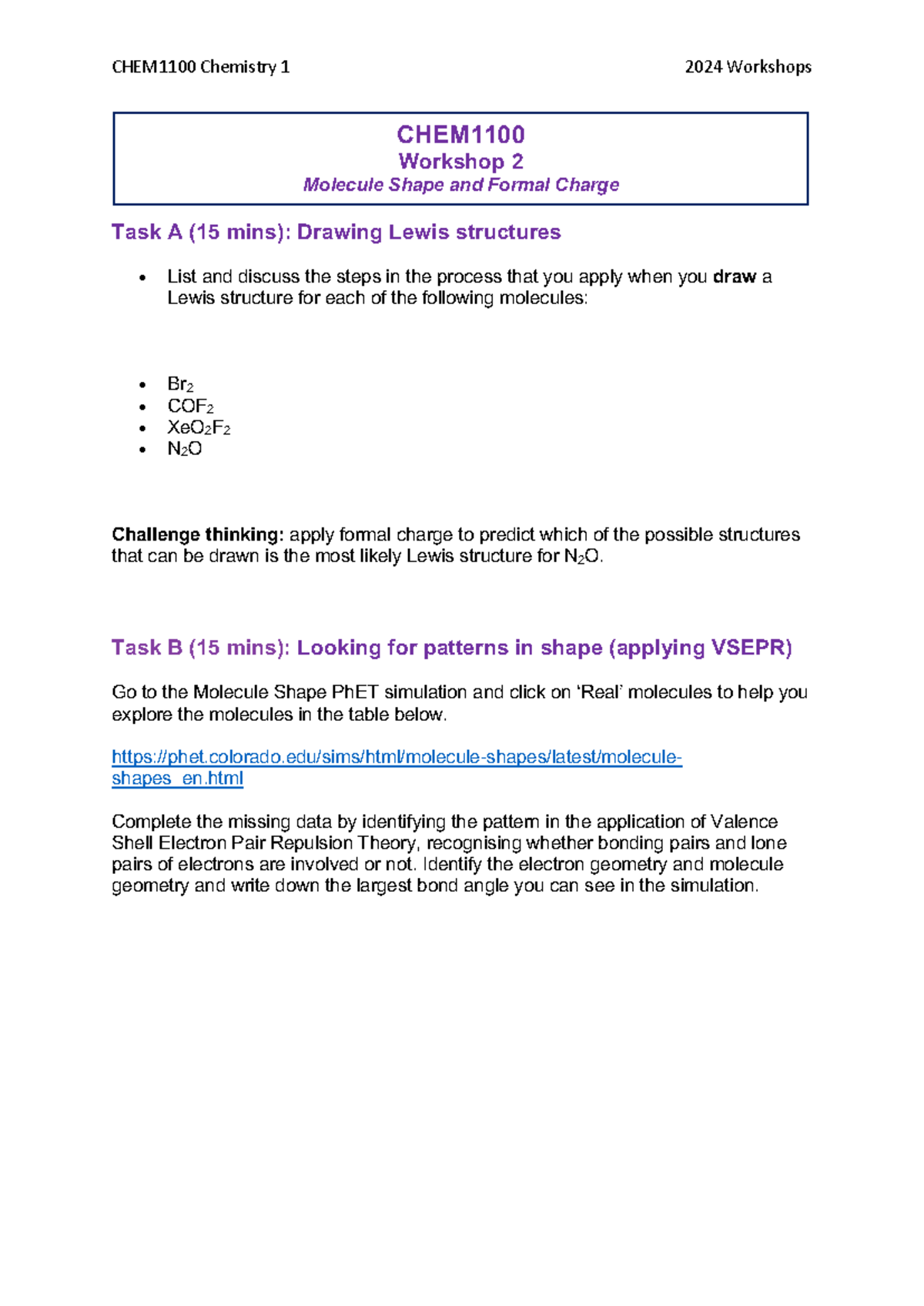 Workshop 2 - CHEM1100 Chemistry 1 2024 Workshops Task A (1 5 mins ...