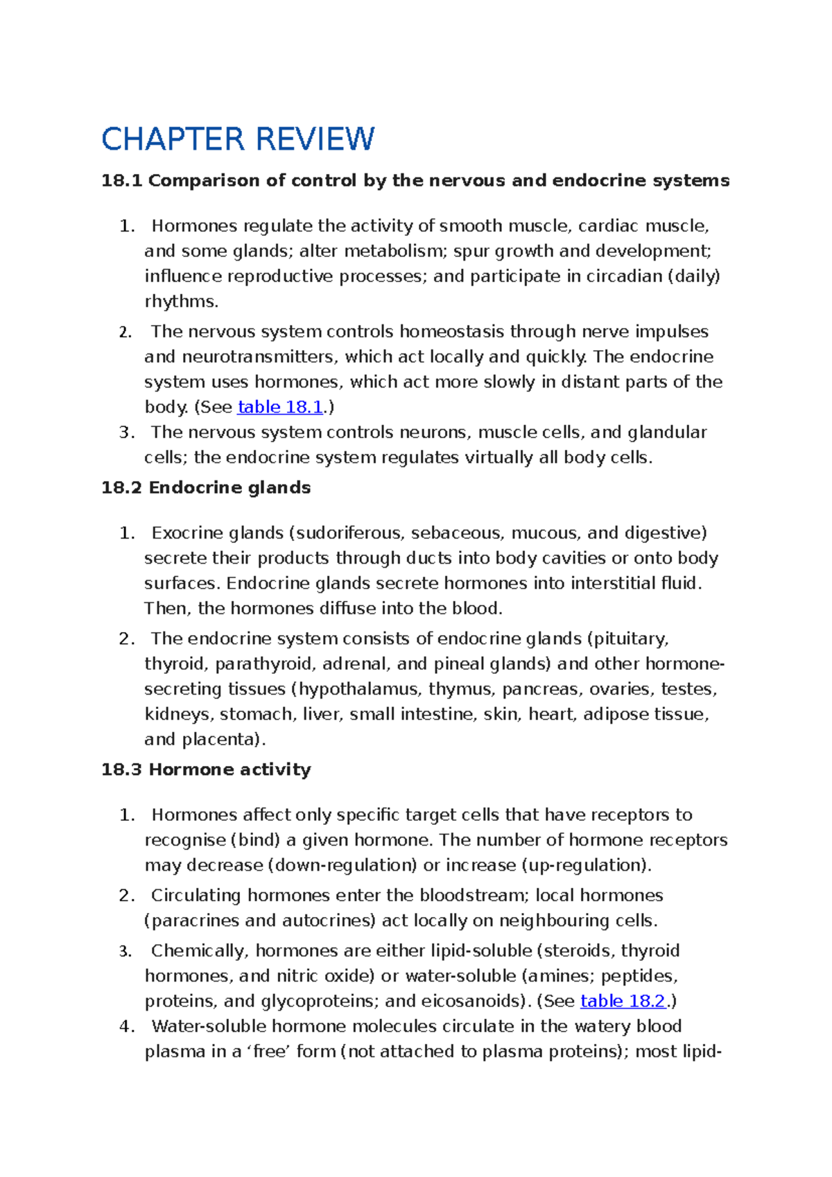 Endocrine System Chapter Review - CHAPTER REVIEW 18 Comparison of ...